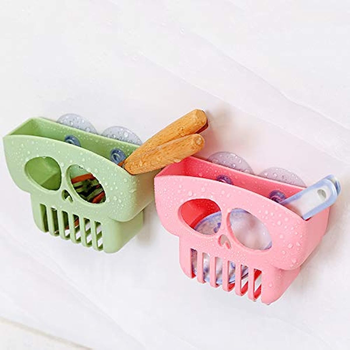 Skull Shape Sponge Holder Drain Rack for Kitchen Sink Suction Cup Plastic Brush Caddy Storage Box Shelf Liquid Creative Drainer (Gray)