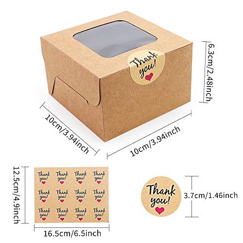 WYKOO 50 Pack 4 x 4 x 2.5 Inches Small Cookie Boxes with Window Brown Bakery Boxes Cake Boxes Kraft Pastry Boxes for Mini Cookies, Cupcakes, Dessert, Single Donut, Stickers Included
