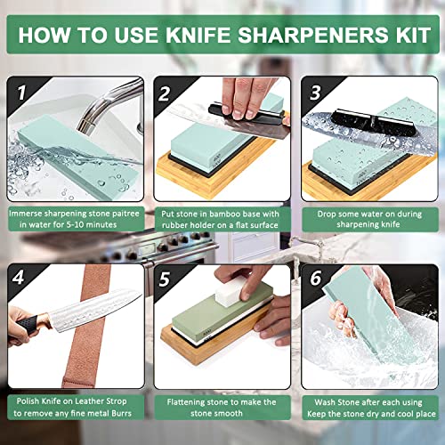 Wucgea Knife Sharpening Stone Kit - 400/1000 3000/8000 Grit Japanese Whetstone Sharpener set with Non-slip Rubber Base Angle Guide Flattening stone and Leather Stropā¦