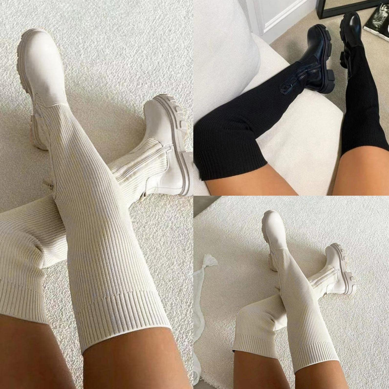 Xudanell Boots for Women Knee High Boots Lug Sole Long Sock Booties Chunky Heels Over The Knee Thigh High Booties for Women Black, 7.5