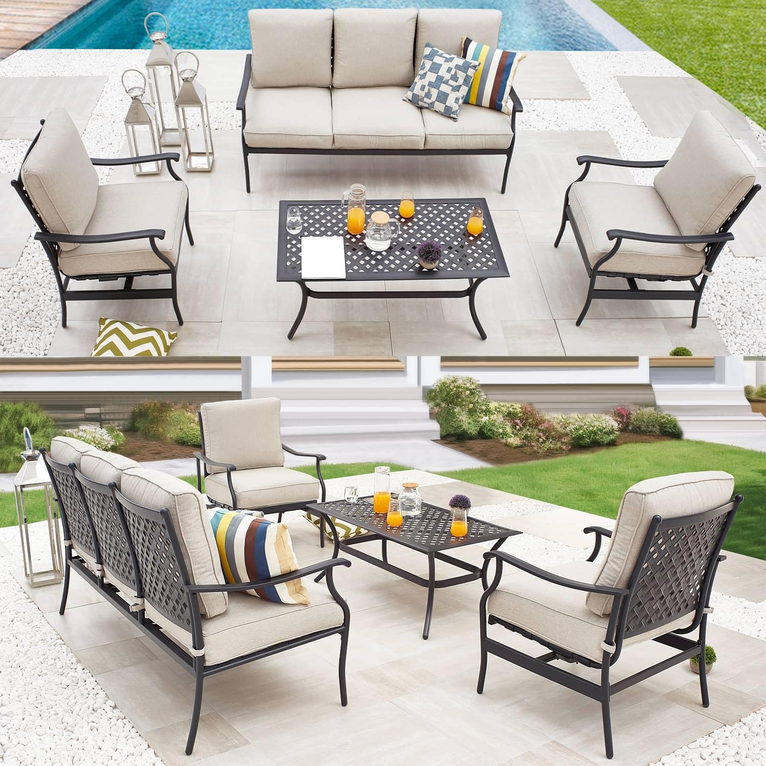 PatioFestival Patio Conversation Set Cushioned Outdoor Furniture Sets with All Weather Frame (4Pcs, Beige)