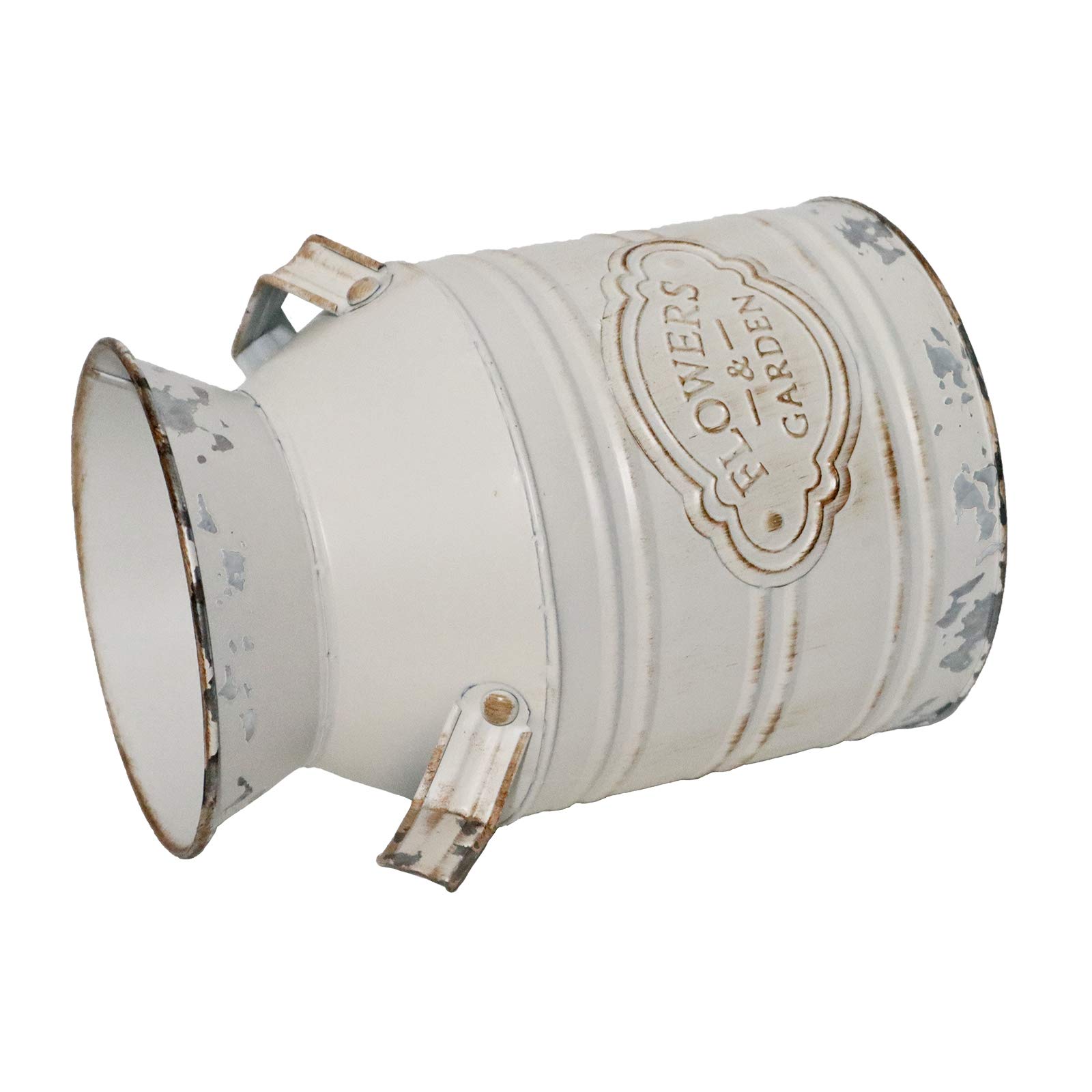 PHILPETY Shabby Chic Classy Designed White Milk Can Galvanized Finish Metal Vase Country Rustic Primitive Decorative Flower Holder, 7.5" H