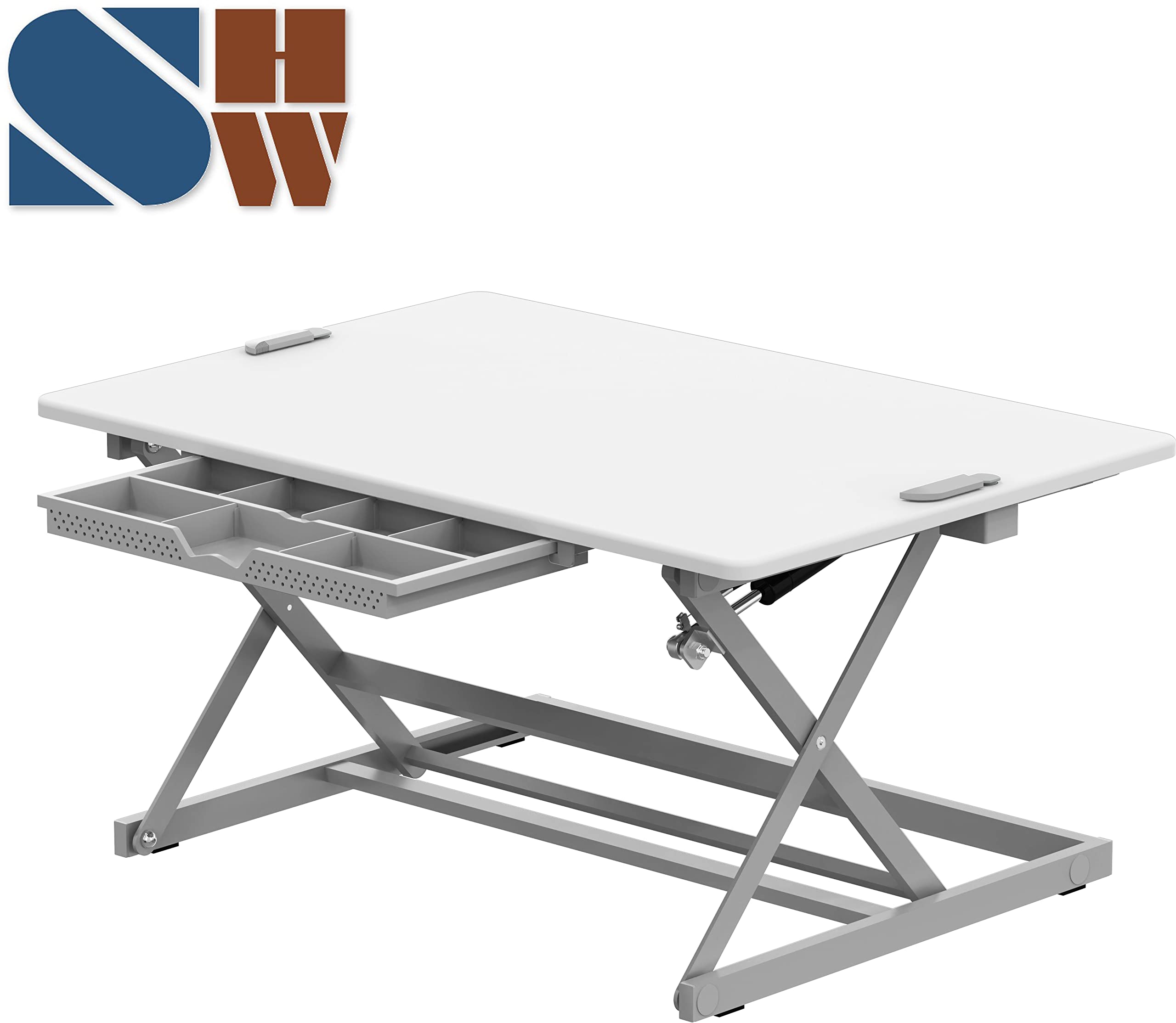 SHW 32-Inch Height Adjustable Standing Desk Converter Riser Workstation with Drawer, White