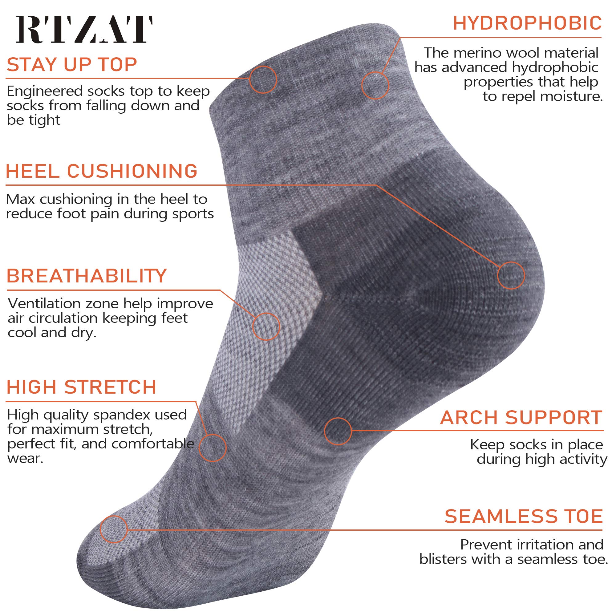 RTZAT 90% Merino Wool Ankle Men's Women's Athletic Business Casual Running Moisture Wicking Everyday Thin Wool Socks, Medium, Ash Grey, 3 Pairs