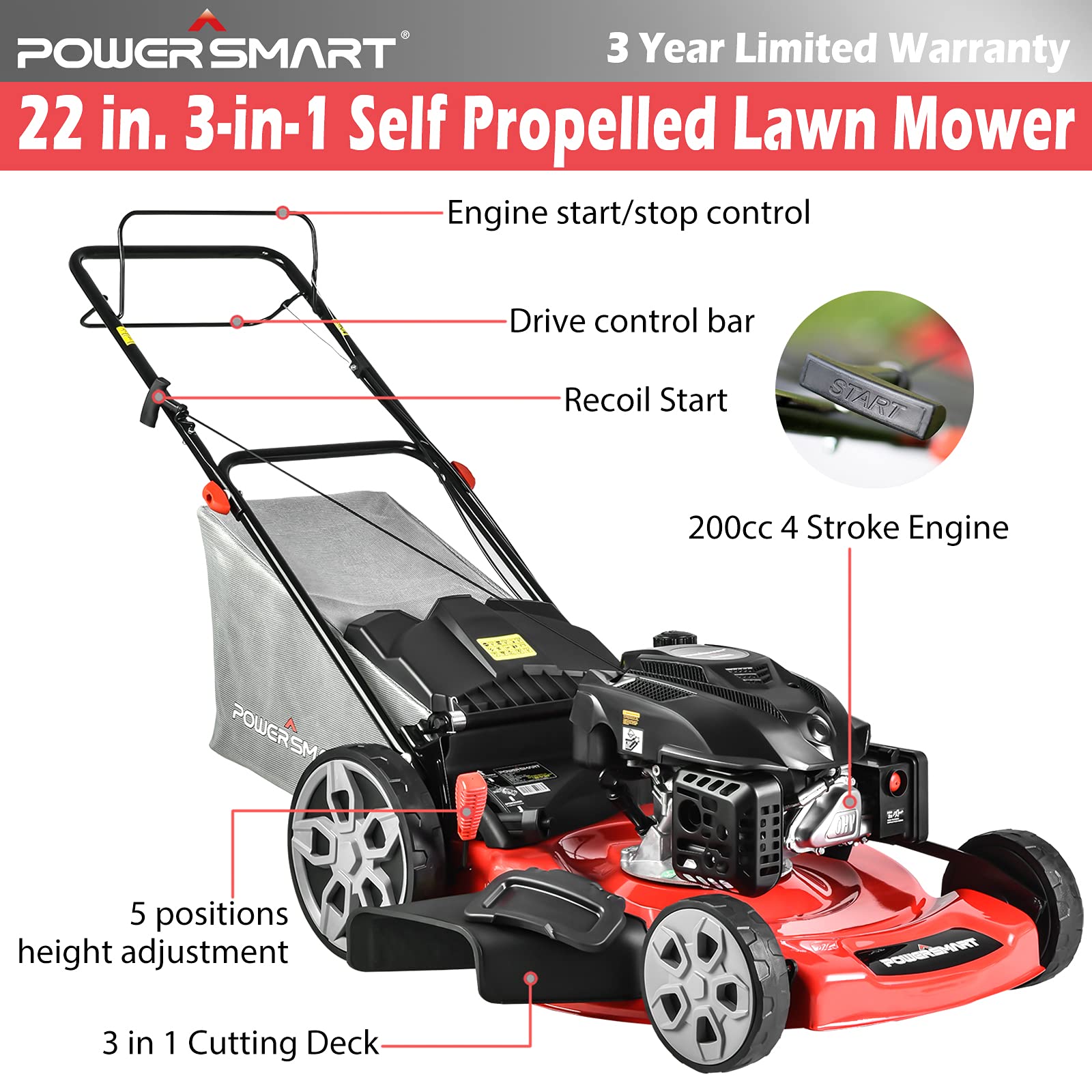 PowerSmart Self Propelled Lawn Mower, 22 Inch Lawn Mower Self-propelled, 200CC 4-Stroke Engine, 3 in 1 Gas Lawn Mower with Bag, 5 Cutting Heights Adjustable (1.2''-3.5'')