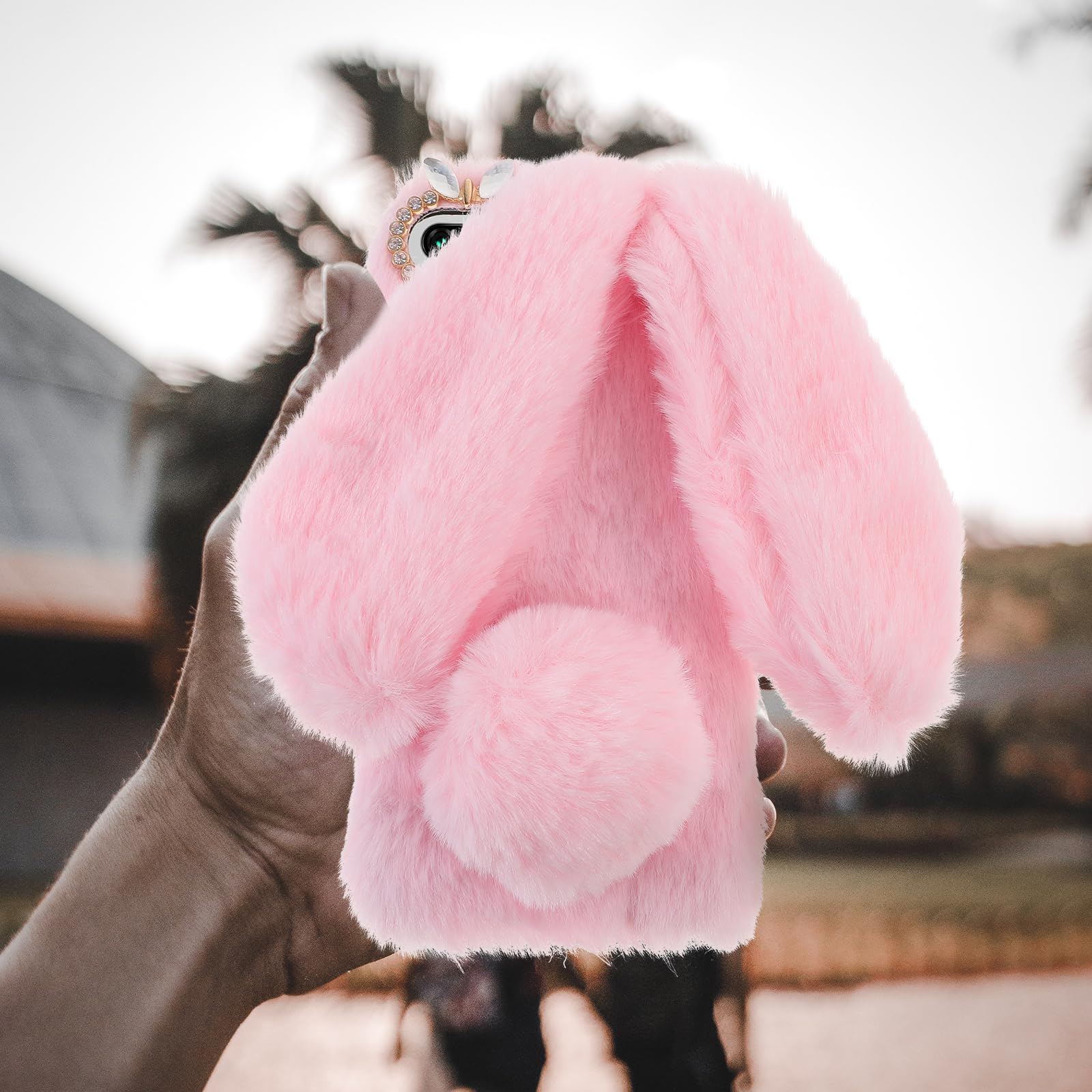 Plush Bunny Case for New SE 2, Adorable Fluffy Plush Faux Rabbit Fur Protective Case for girl, Cute Furry Soft Stuffed Plush Animal Cover for 7/8/SE 2020 (pink)