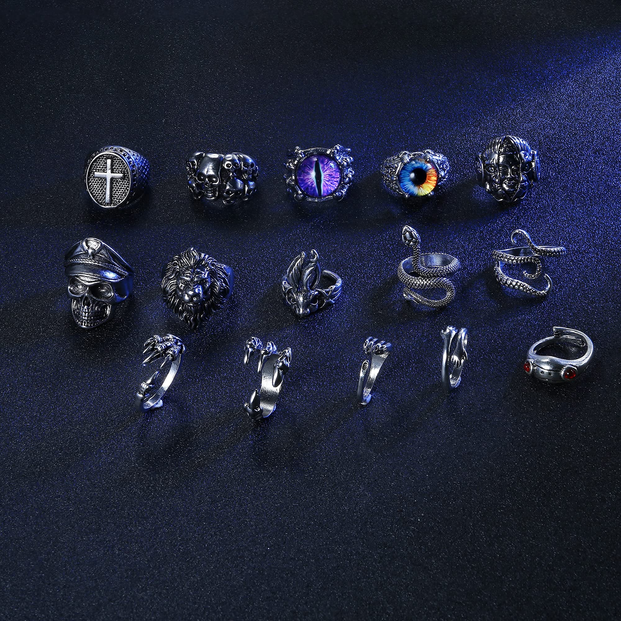 Subiceto 15 Pieces Vintage Punk Rings Adjustable Gothic Rings for Women Men Frog Octopus Snake Skull Claw Cool Rings Set Jewelry