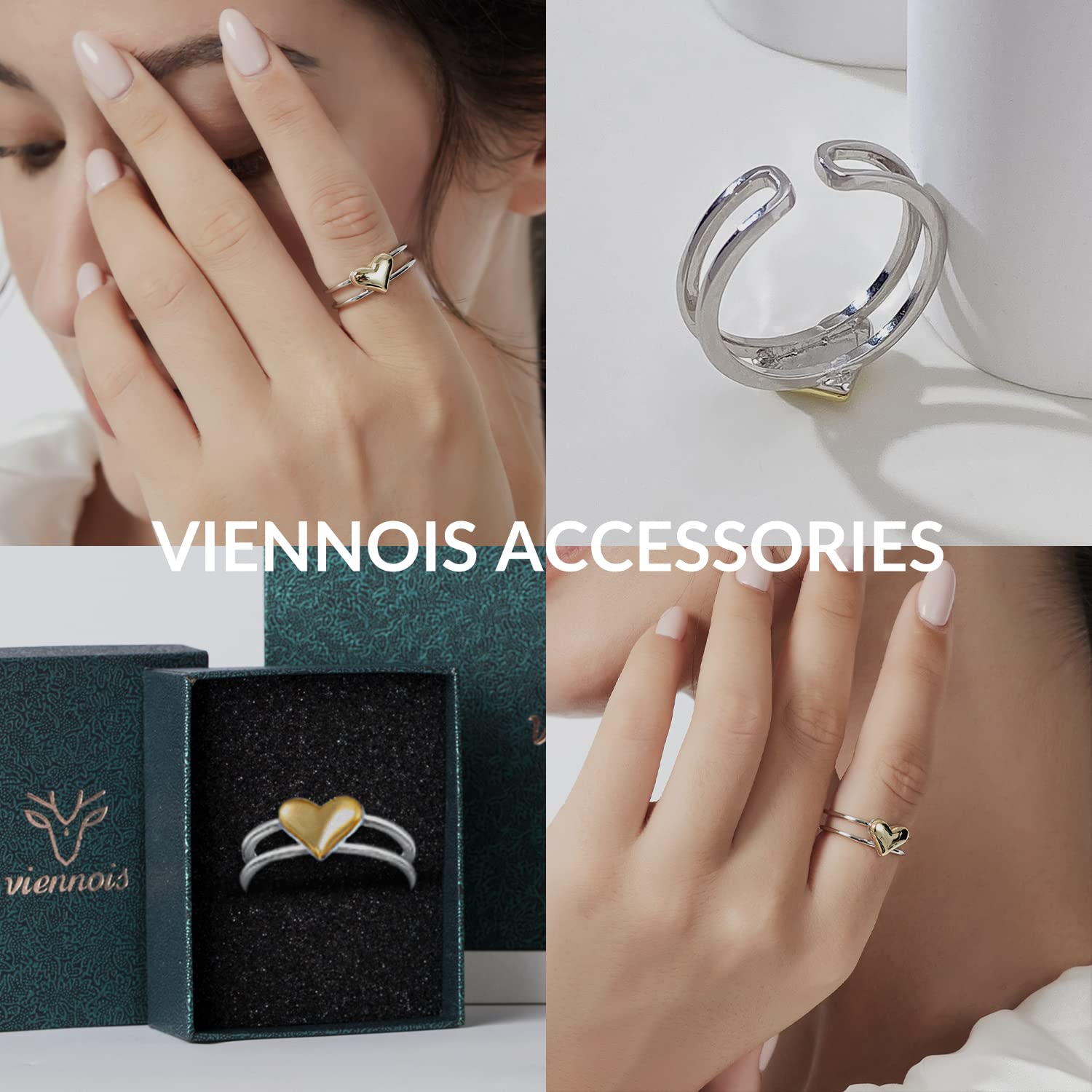 VIENNOIS Heart Shape 14k Gold Plated Copper Adjustable Open Ring for Women