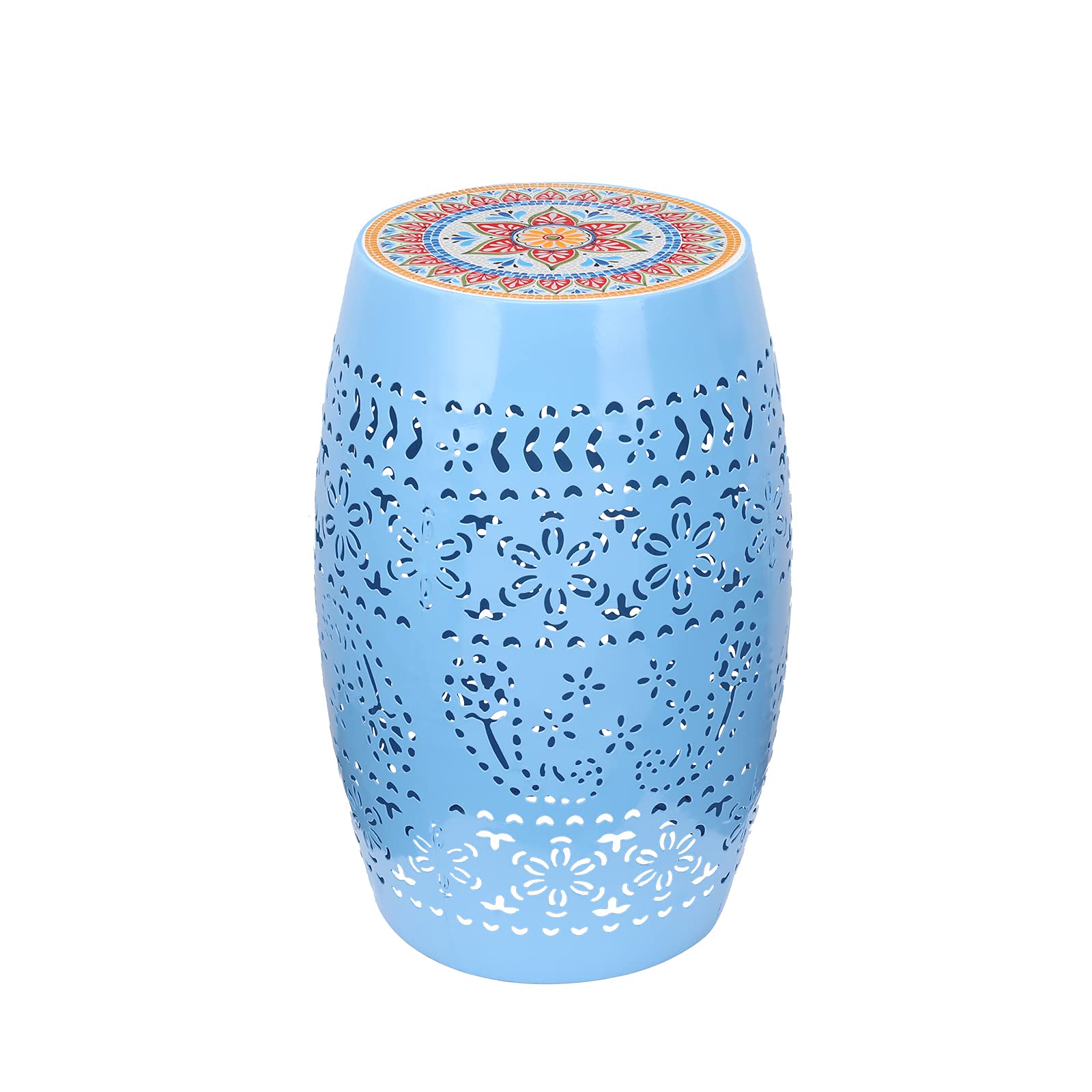 Patio Accent Table Outdoor Mosaic Side Table Metal End Table Lace Cut Outside SideTable with Tile Top Outdoor Coffee Table Garden Stool