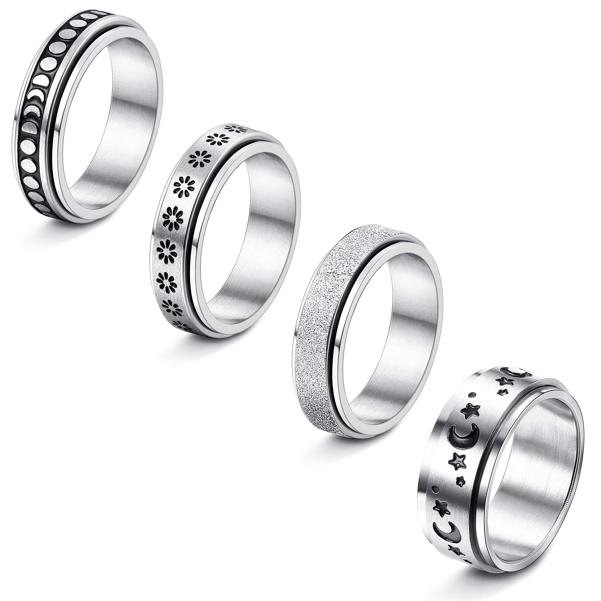 Subiceto 4 Pcs Spinner Rings for Women Stainless Steel Fidget Band Rings Set Moon Star Sand Blast Finish Womens Ring for Stress Relieving Wedding Promise Size 7