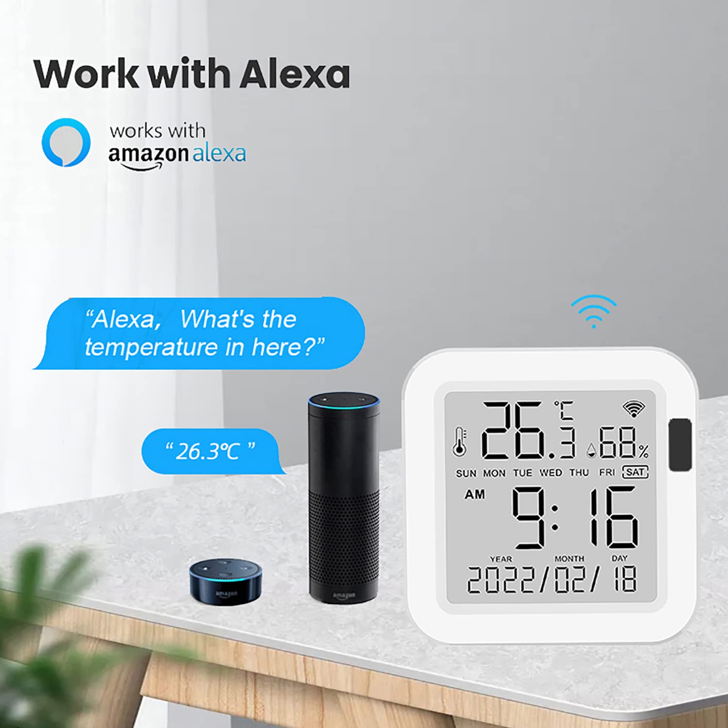 WiFi Thermometer Hygrometer: Smart Temperature Humidity Sensor with Backlit LCD Screen, Free App Alerts, Indoor Temperature Gauge Humidity Monitor Compatible with Alexa Google Assistant
