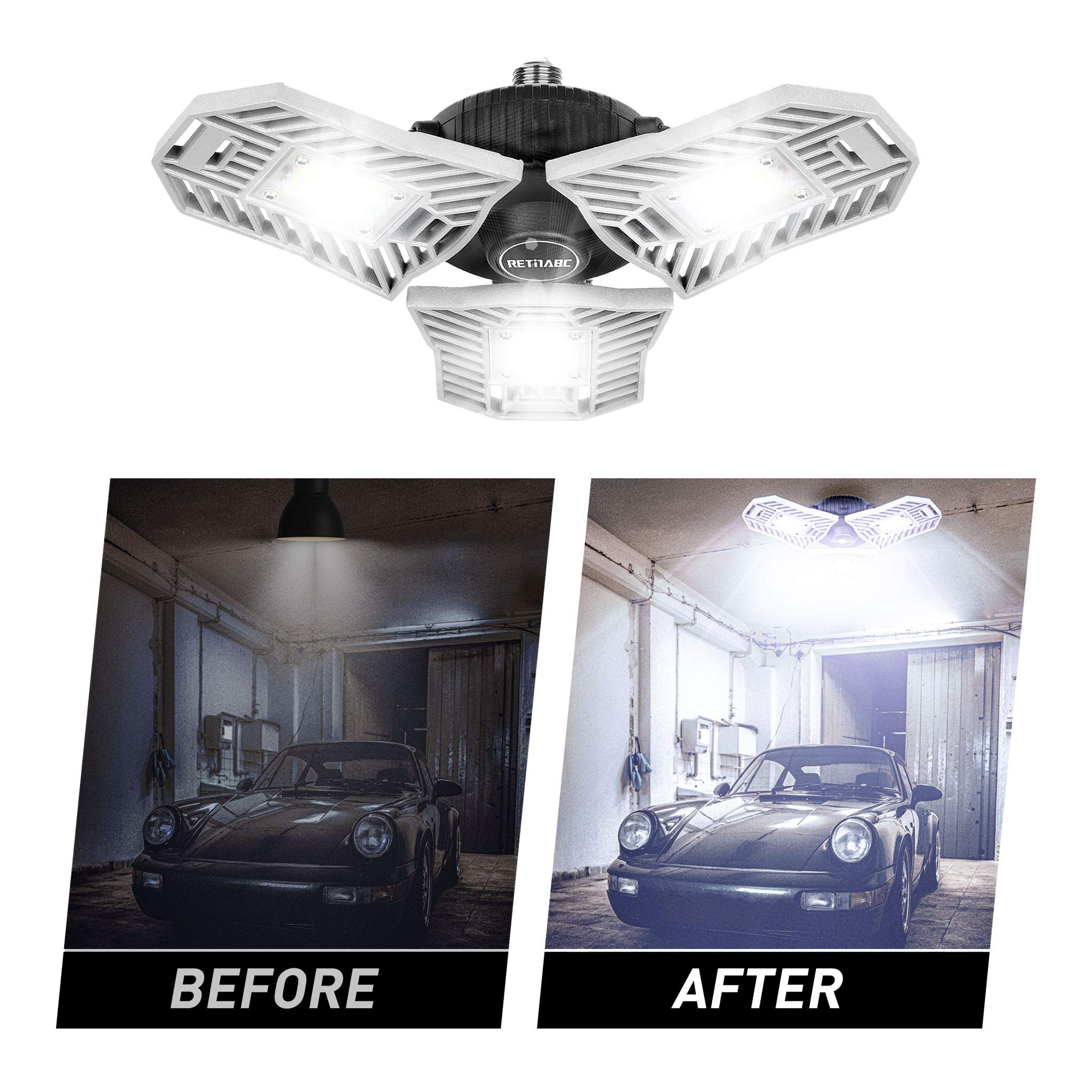 Retinabc B07ZWPDJJD-M Deformable, 60W 6000LM 6000K, E26 LED Bulb Shop Light for Garage, Ceiling Basement, Workshop, Warehouse (No Motion Activated), Silver …