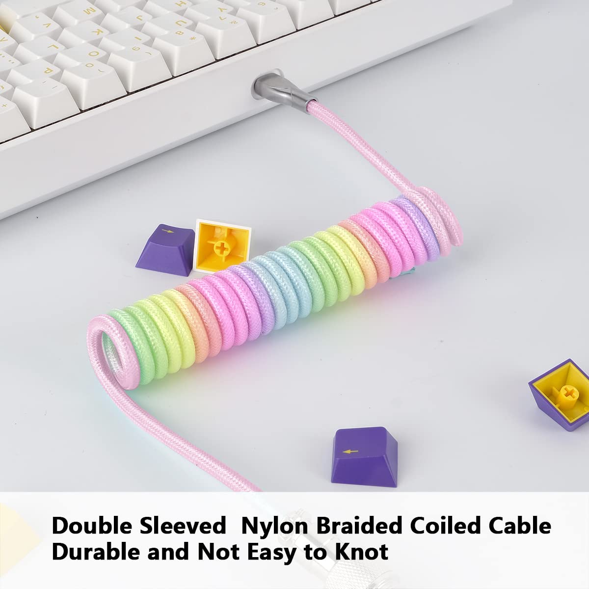 VELOCIFIRE Custom Coiled USB C Cable for Gaming Keyboard, Double-Sleeved Mechanical Keyboard Cable with Detachable Metal Aviator,1.5M USB-C to USB-A(Rainbow)
