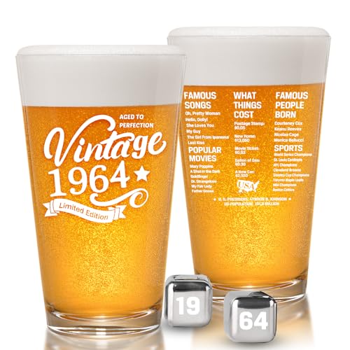 Vintage 1964 Old Time Information 60th Birthday Gifts for Men Women Beer Glass Funny 60 Year Old Presents - 16 oz Pint Glasses Party Decorations Supplies-60 Year Old Birthday Party Decorations