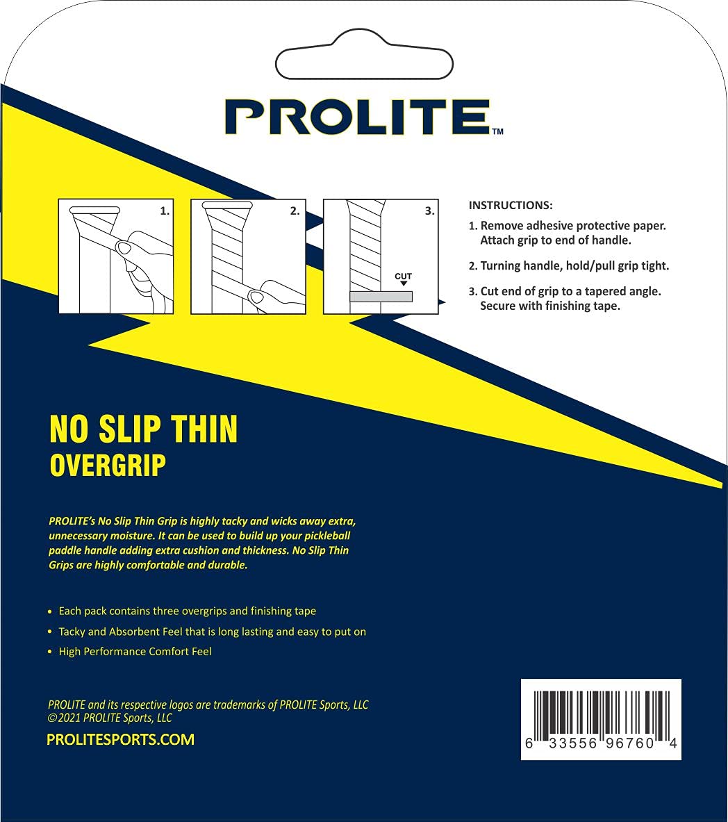 PROLITE No Slip Thin Grip - 3 Pack for Pickleball Paddles, Tennis, Racquetball, Squash, Platform Tennis, Badminton and More (Black)
