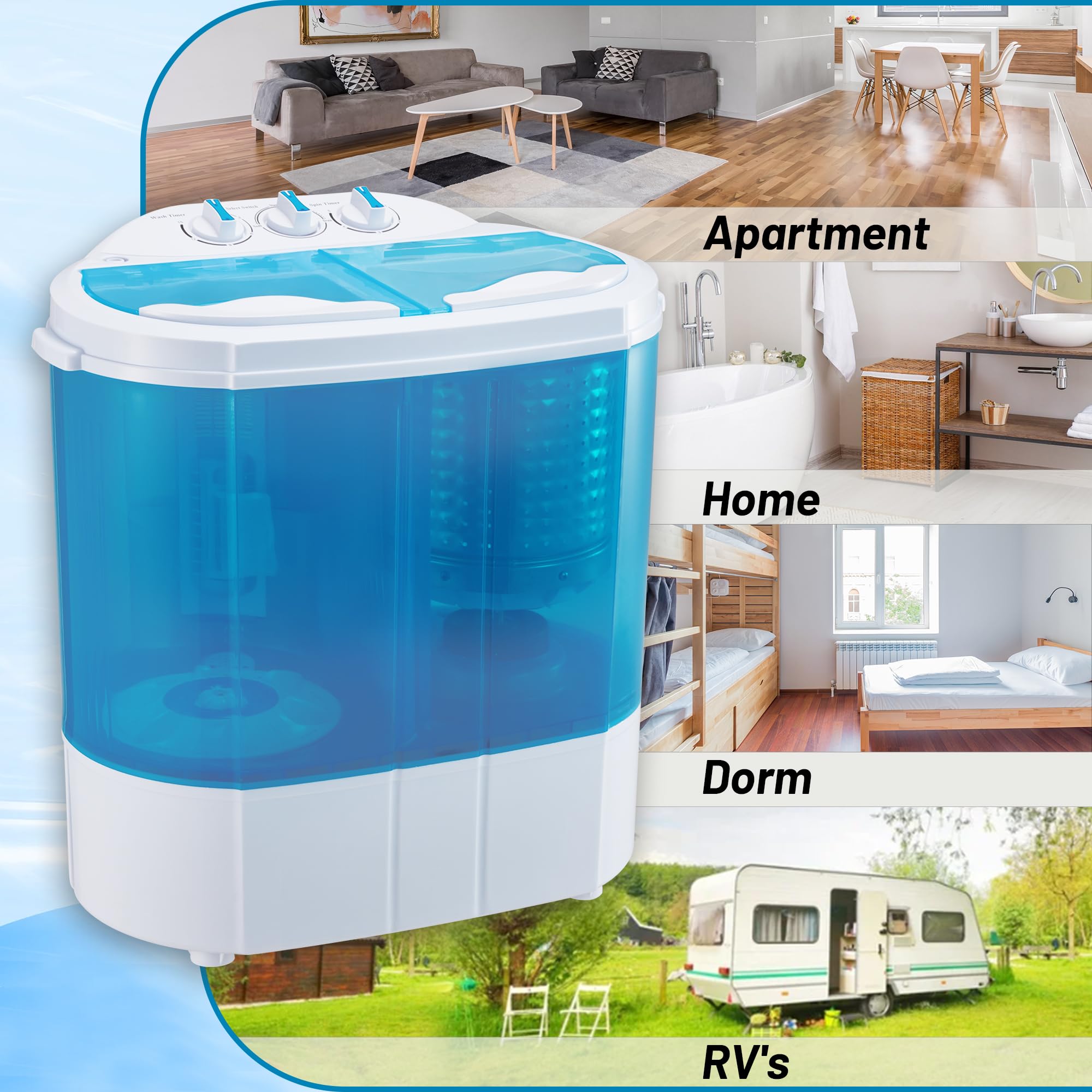 Outspurge Portable Washing Machine, 13lbs Twin Tub Washer 2 In 1 Mini Compact Laundry Machine, 9lbs+4lbs Washer and Spinner Combo for Dorms, Apartments, RVs(Blue)