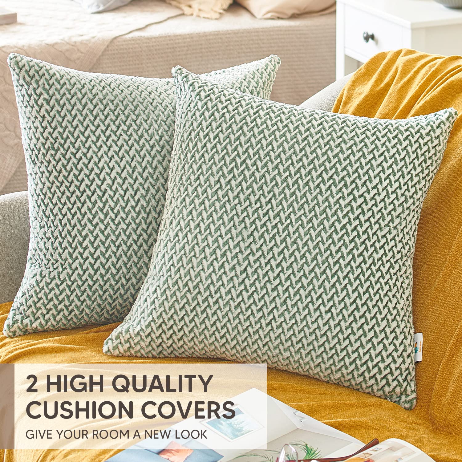 PAULEON Throw Pillow Covers 20x20 β Emerald Green and White, Set of 2 β Fluffy Fiber - Decorative Cushion Cases β Perfect for Couch, Sofa, Bed, Accent Pillows