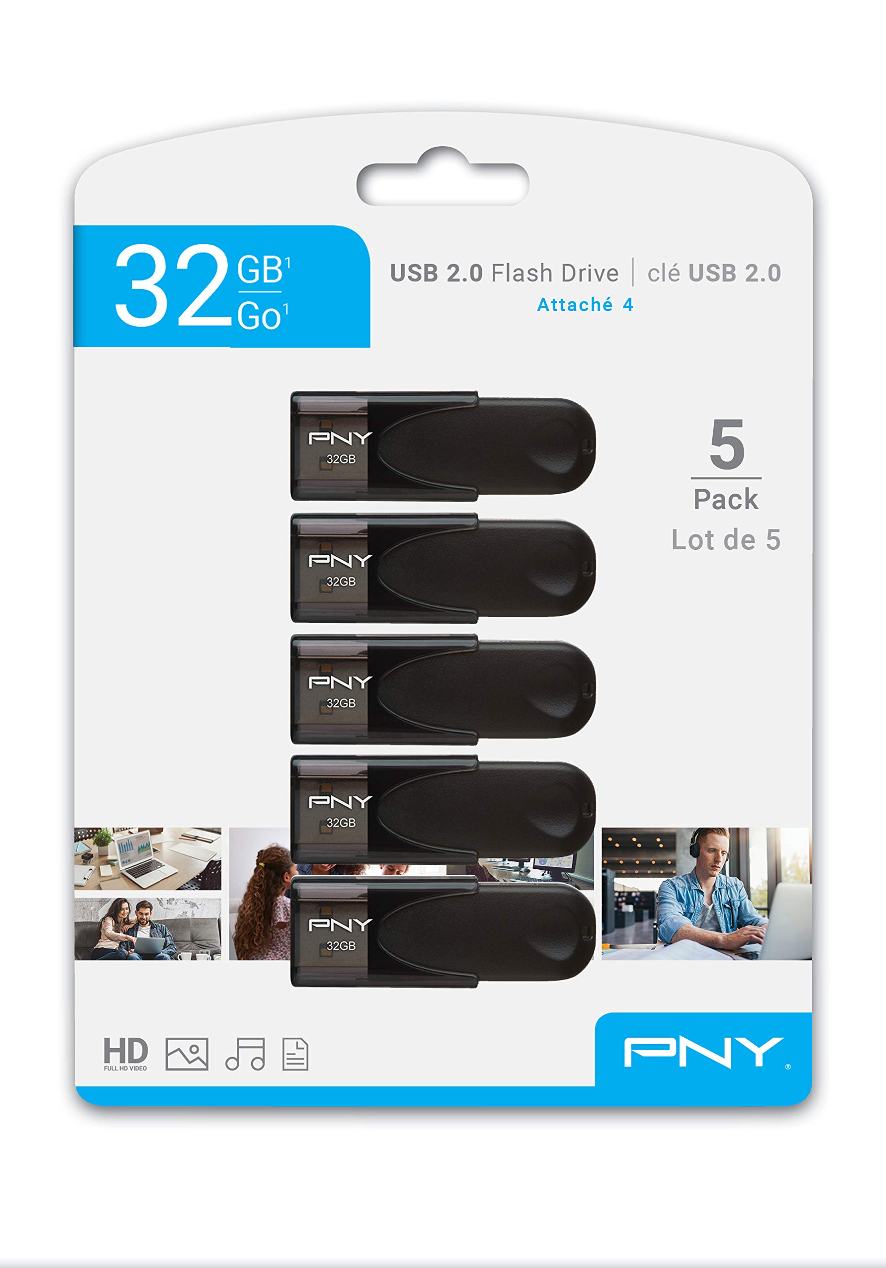 PNY 32GB Attaché 4 USB 2.0 Flash Drive 5-Pack,Black