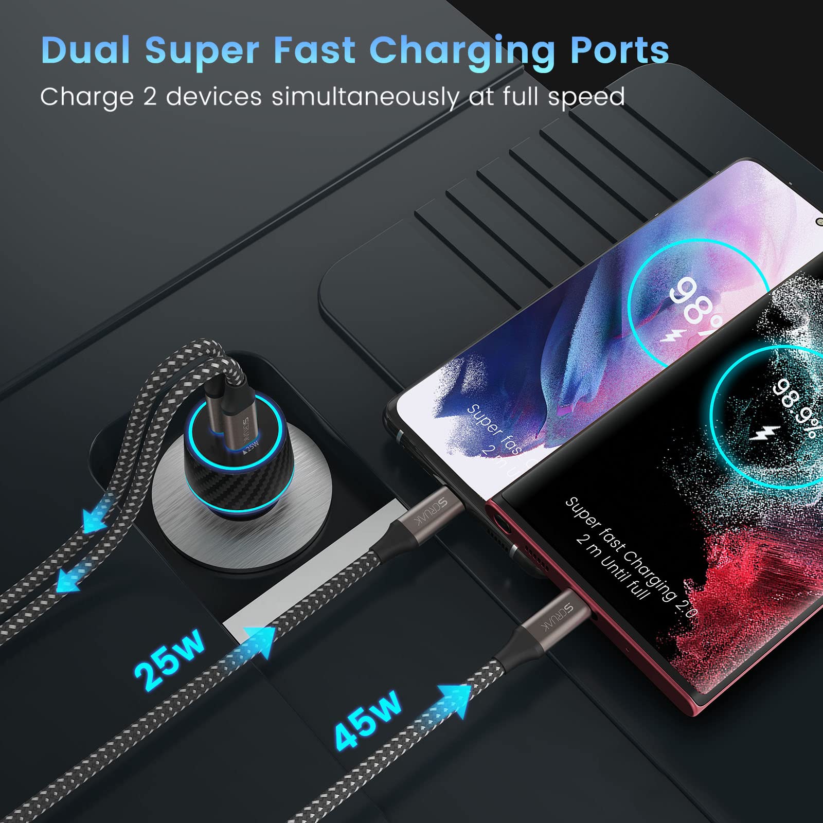 S23 S24 Ultra Charger Type C, SCRUAK 45W PPS Super Fast USB-C Wall/Car Charger for Samsung Galaxy S24 Ultra/S24+/S24/S23 Ultra/S23+/S23/S22/S20/Note 20/Note 10+(with 2X 6.6FT 5A Type C Cable)