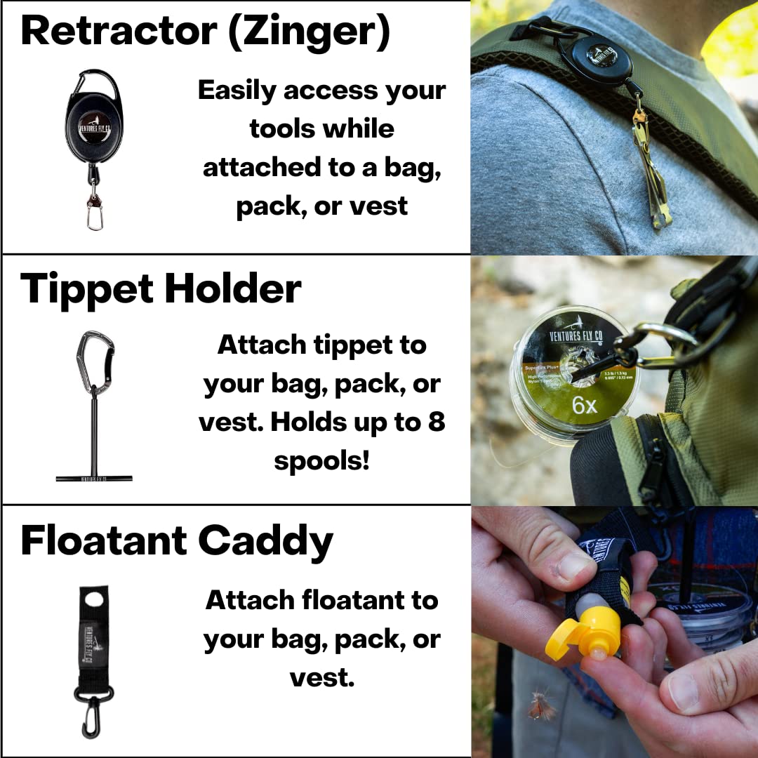 VENTURES FLY CO. | Fly Fishing Accessories Pack | Nippers & Nail Knot Tying Tool Combo, Hook Remover Forceps & Pliers, Tippet Holder, Floatant Caddy, Zinger Retractor | Trout Gear Assortment Kit