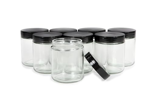 Vivaplex, Clear, 8 ounce, Round Glass Jars, with Black Lids - 8 pack