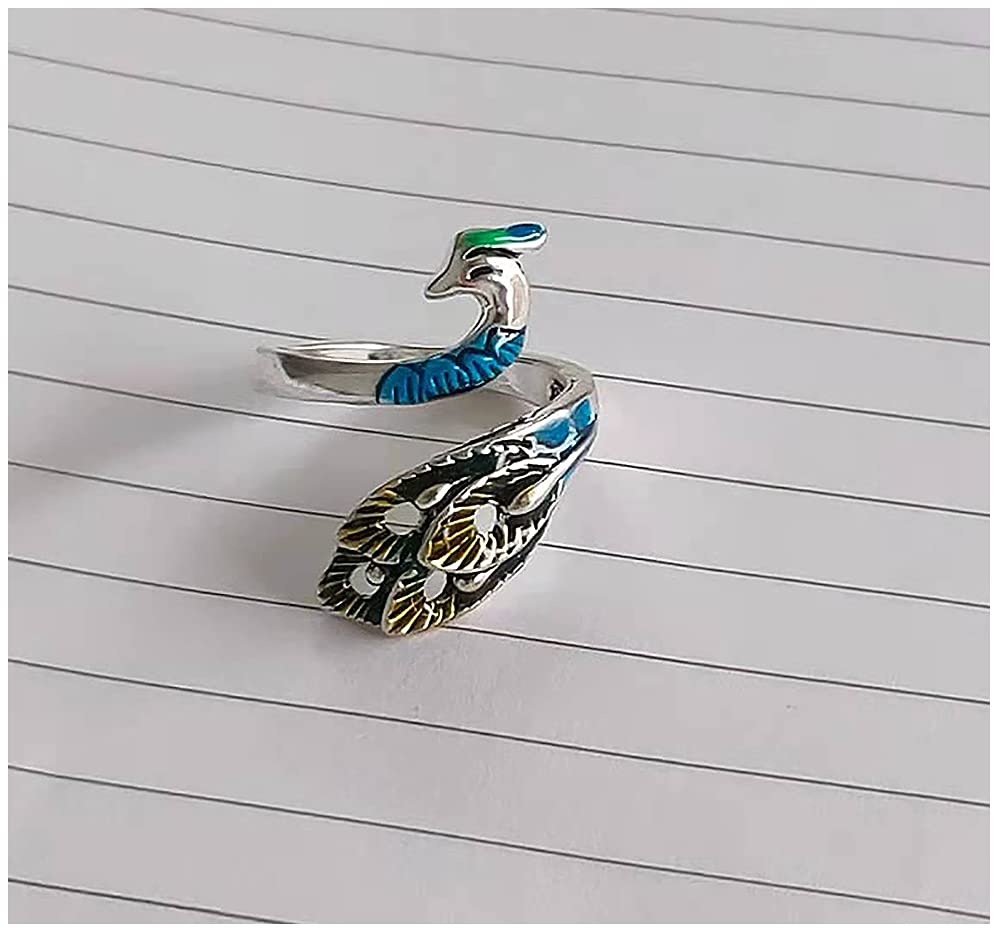 Vintage Enameled Peacock Ring for Women Girls Silver Plated Statement Adjustable Expandable Animal Open Band Finger Rings Comfort Fit Boho Delicate Mother's Day Christmas Jewelry