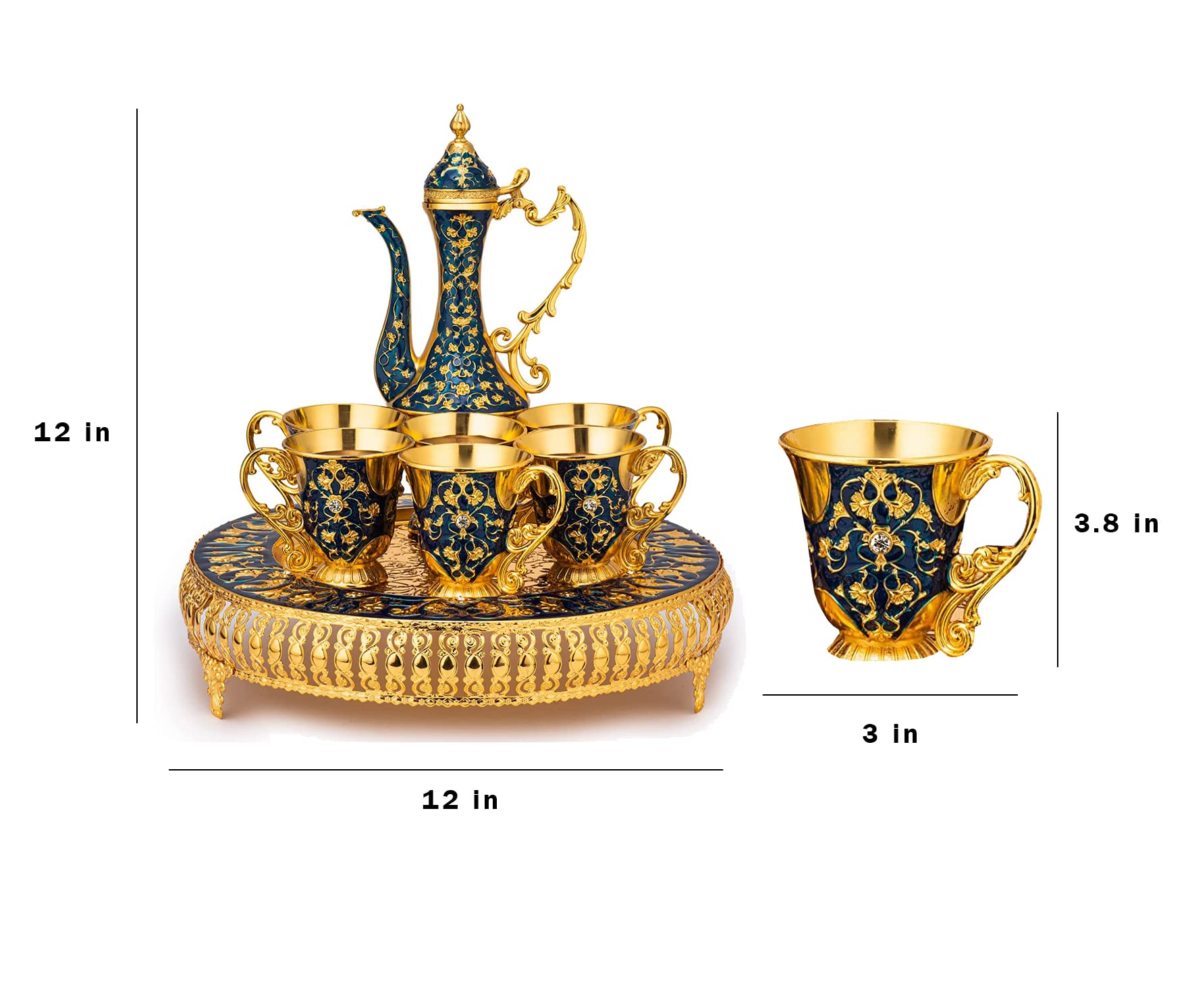 Vintage Extra Large Turkish Coffee & Tea Pot Set for 6 by Gute with Large Crystal Tray & Teapot Gold with Swarovski Style Crystals (Blue) 480ml - 6 Vintage Moroccan Tea Glasses 230ml Teacups Gold