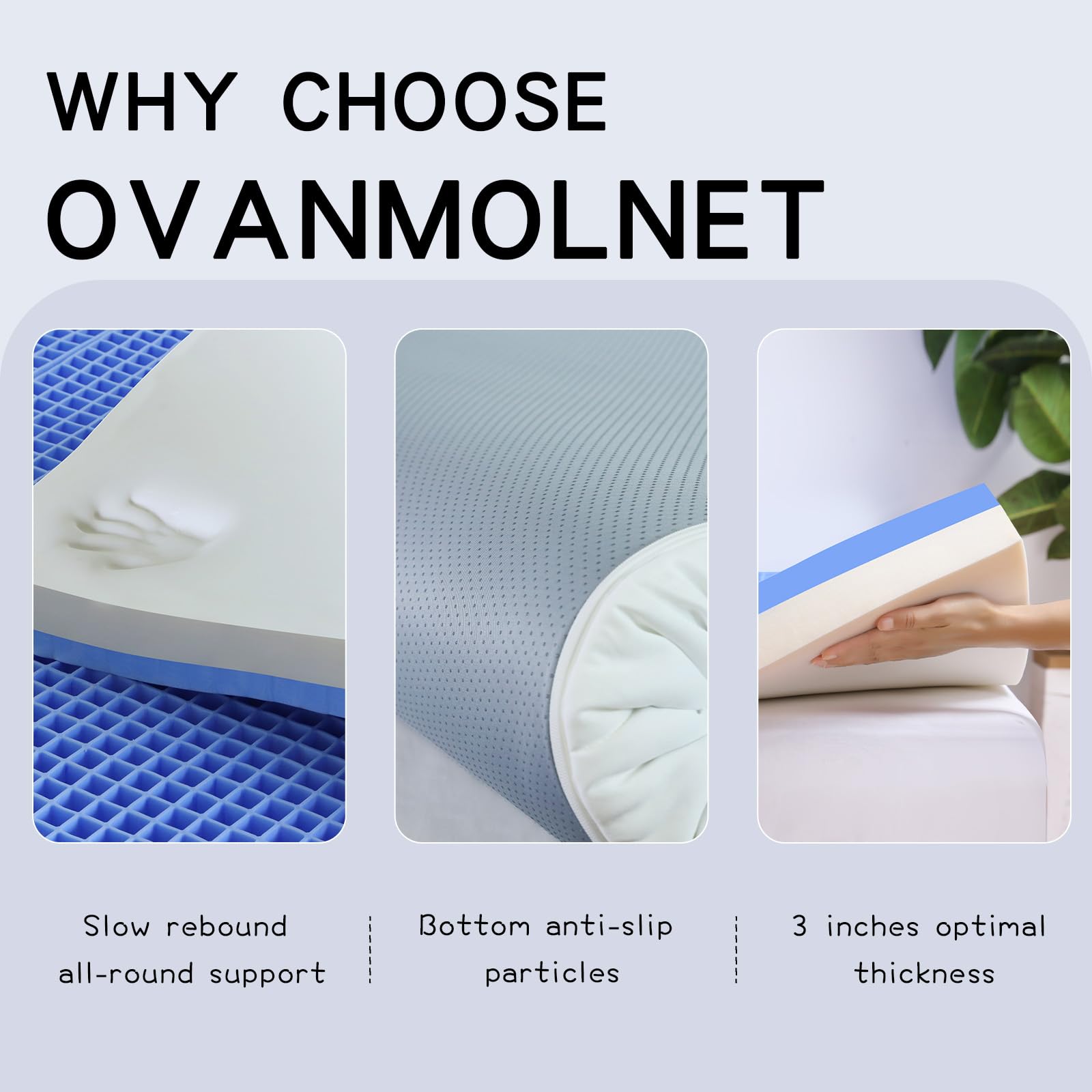 OvanMolnet 3 Inch Memory Foam Mattress Topper with Adaptive TPE Grid Layer Queen Size, Premium Supple Gel Memory Foam Pad with Removable Soft External Cover, High Density Breathable Bed Topper