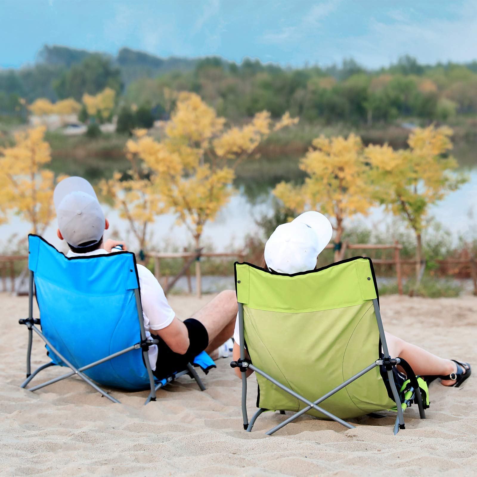 PELLIOT Ultralight and Compact Low Profile Outdoor Folding Camping Beach Chair with Cup Holder & Carry Bag (Green)