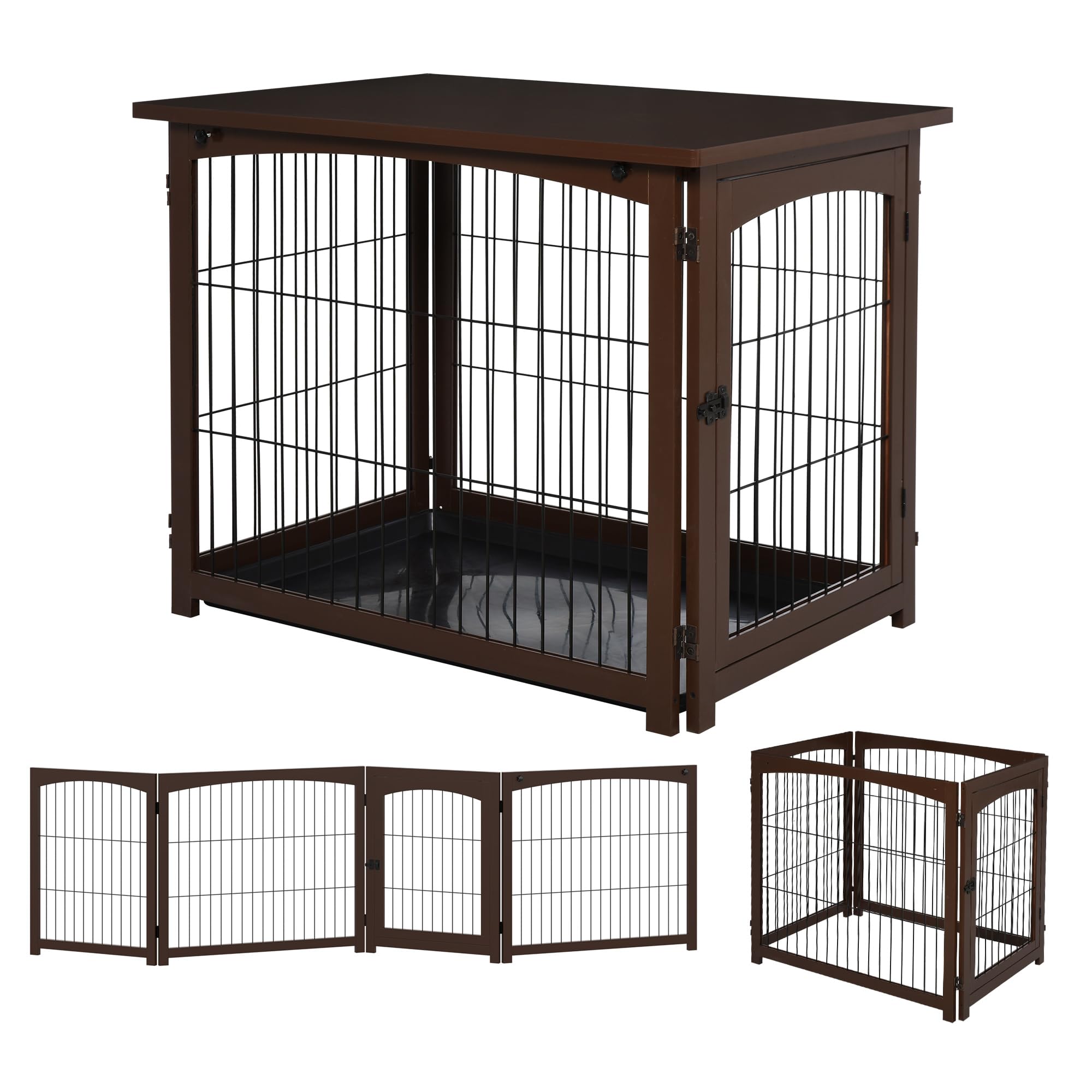 PawHut 4 in 1 Furniture Style Dog Crate End Table, Pet Gate, Dog Fence with Removable Top, Brown