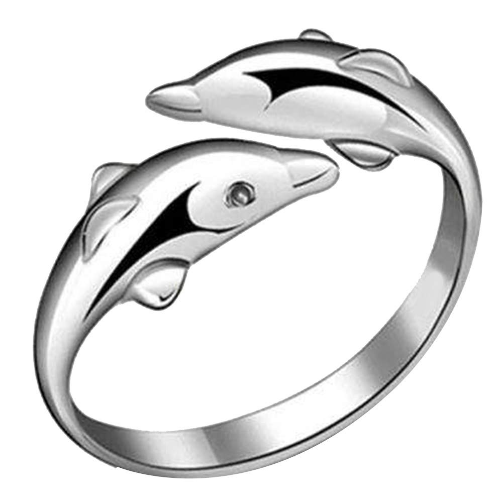 shiYsRL Exquisite Jewelry Ring Love Rings Fashion Women Silver Plated Double Dolphin Opening Adjustable Finger Ring Gift Wedding Band Best Gifts for Love with Valentine's Day - Silver