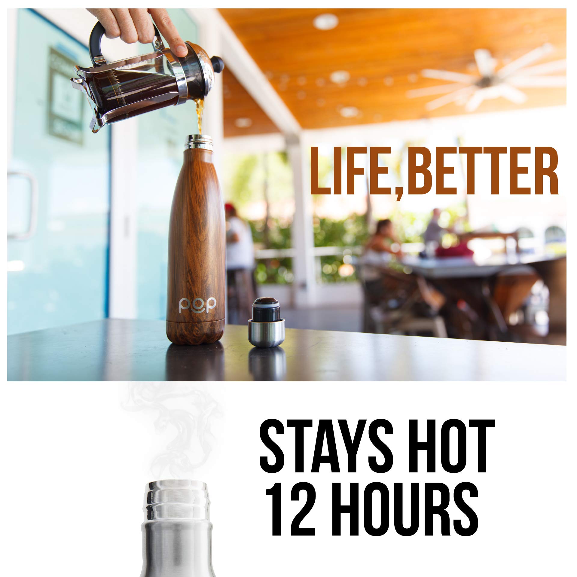 POP Design Stainless Steel Vacuum Insulated Water Bottle, Keeps Cold 24hrs or Hot for 12hrs, Sweat & Leak-Proof, BPA Free, 17 Ounce, Onyx