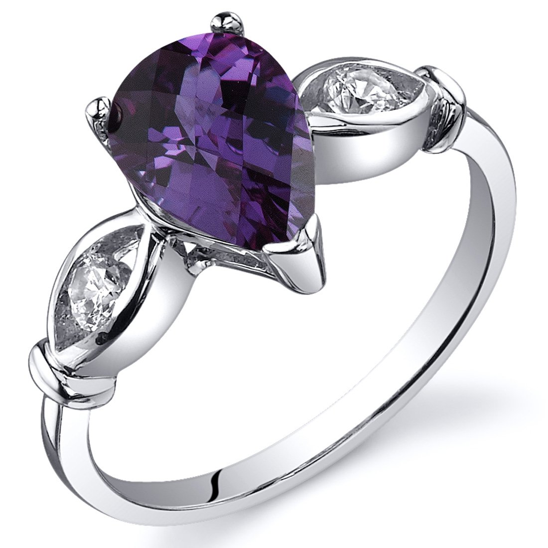 PEORA Simulated Alexandrite 3-Stone Teardrop Ring for Women 925 Sterling Silver, Color-Changing, 1.75 Carats Pear Shape 9x6mm, Size 7
