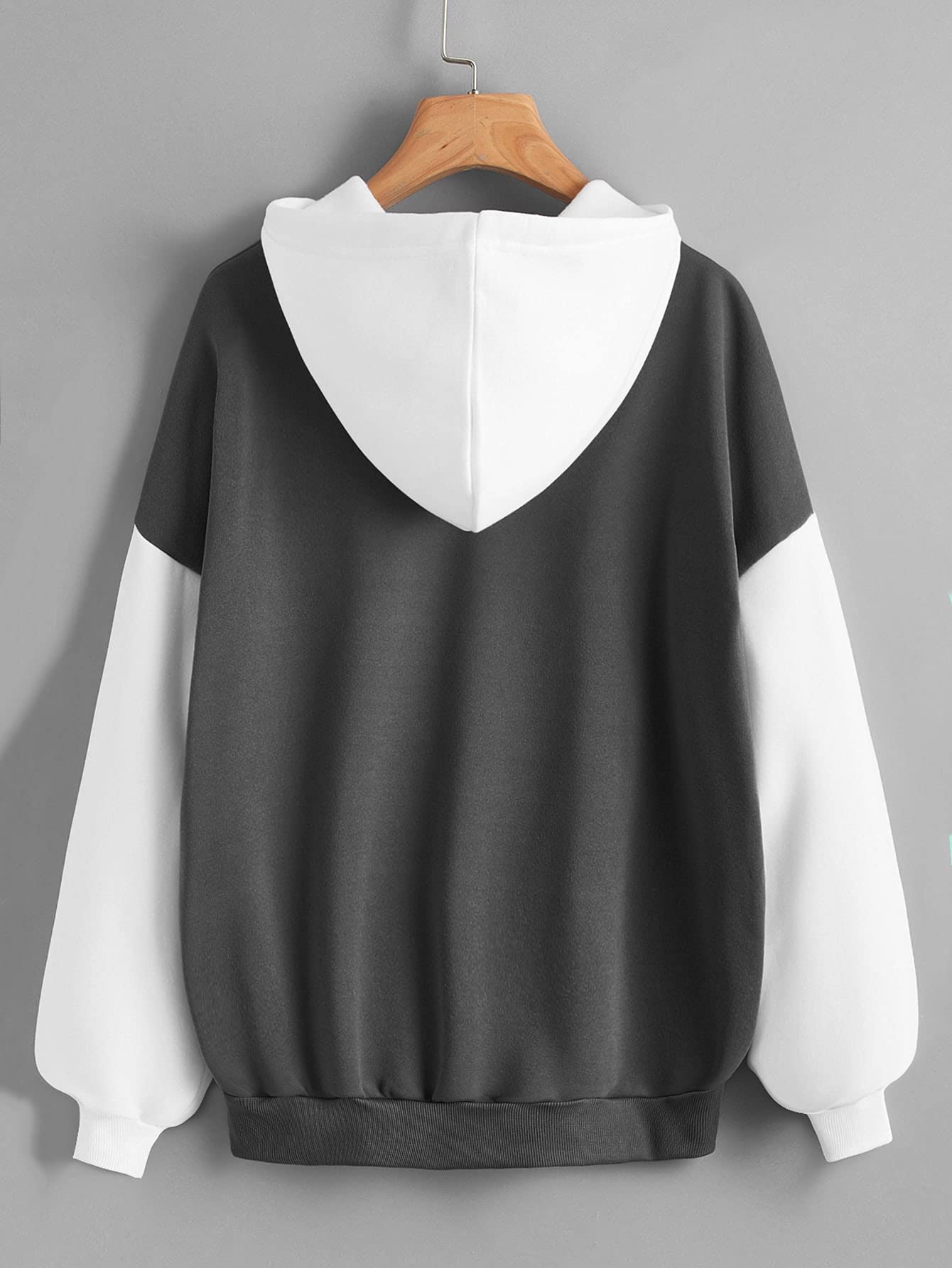 Verdusa Women's Colorblock Fleece Long Sleeve Drawstring Hoodie Top Sweatshirt Dark Grey White L