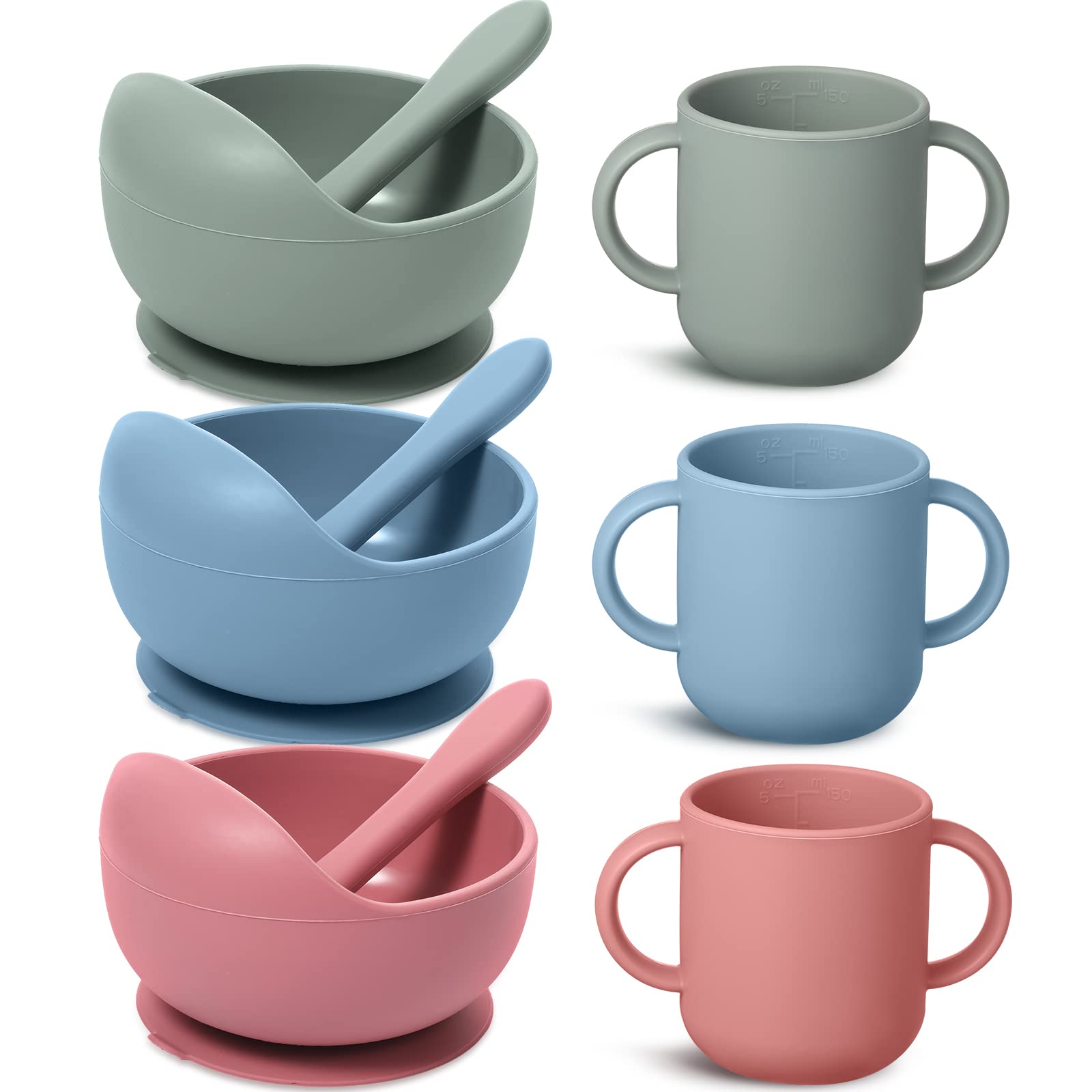 Zopeal 6 Pack Baby Suction Bowls and Training Cups Silicone Spoon Set Silicone Suction Bowl for Baby Toddler Learning Cup with Two Handles, Blue, Green and Pink