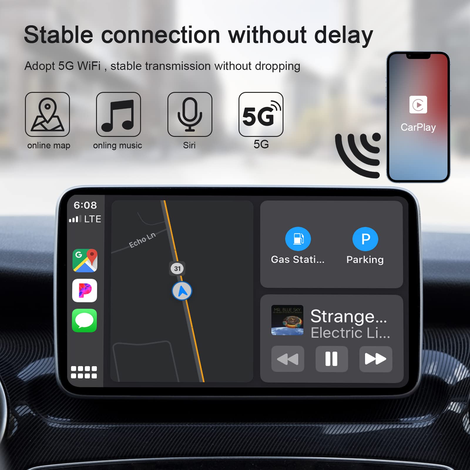 Wireless CarPlay Adapter Compatible with iPhone, iOS, Apple, Siri – Car Play Wireless Adapter WiFi Adapter for Music, Video Content, App Control, Online Map, 5G