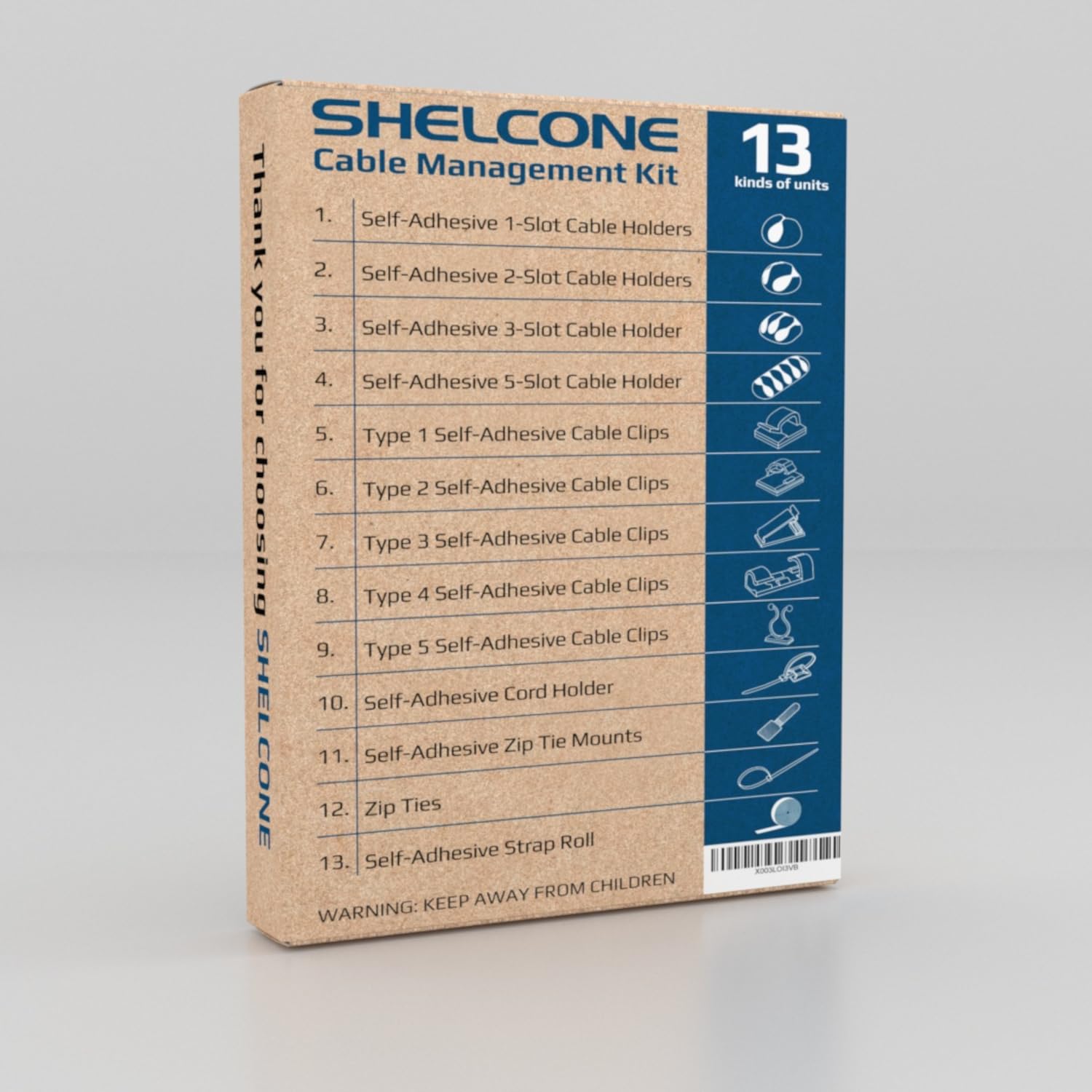 SHELCONE Cable Management Kit 155 PCS, Portable, 23 Adhesive Cable Clips, 3 Cord Holder, 100 Zip Ties, 5 Self Adhesive Cord Holder, 1 Self Adhesive Strap Roll, 20 Zip Tie Mounts (Black)