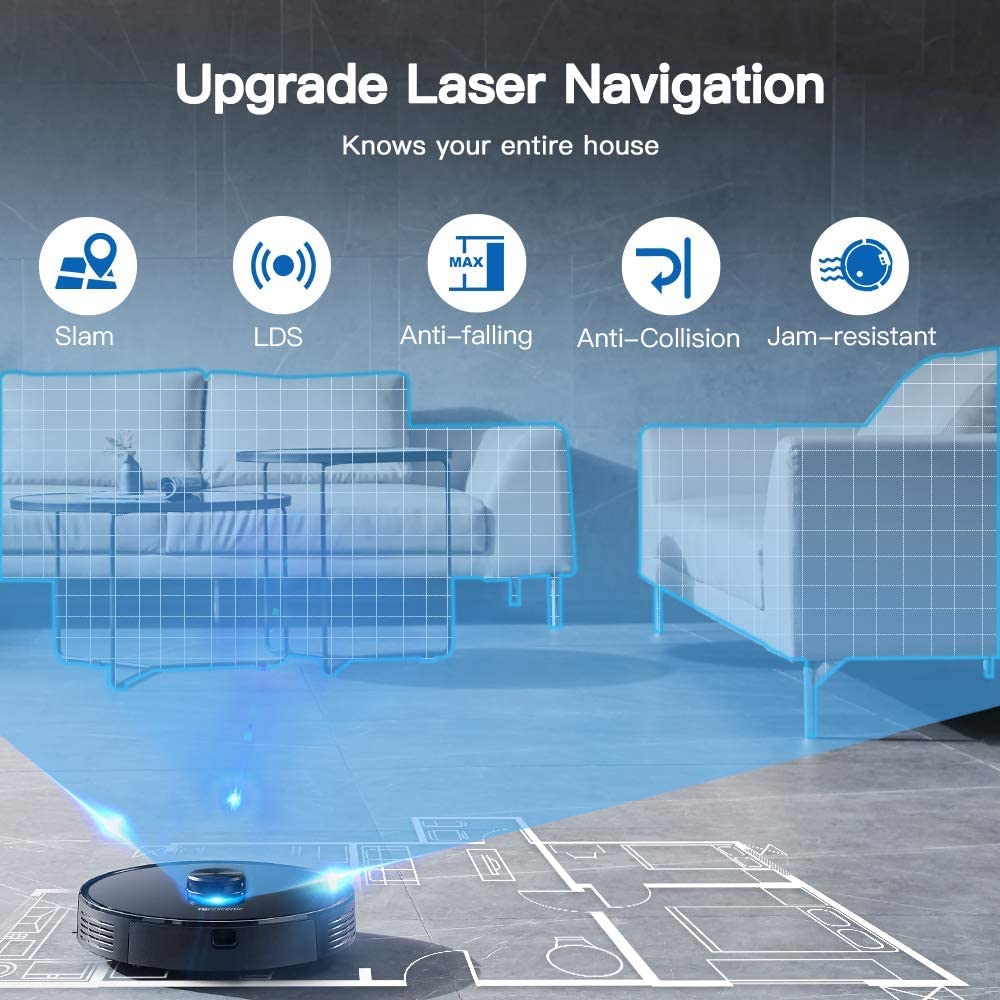 Proscenic M7 Pro Robot Vacuum Cleaner, Laser Navigation, 2700Pa Powerful Suction, APP & Alexa Control, Multi Floor Mapping, Ideal for Pets Hair, Carpets and Hard Floors, Black