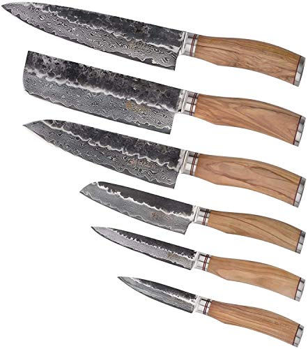 Wakoli Damascus Nakiri knife 6.9-inch blade extremely sharp from 67 layers genuine Japanese Damascus steel with a black hammer and olive wood handle, Olive HS Series