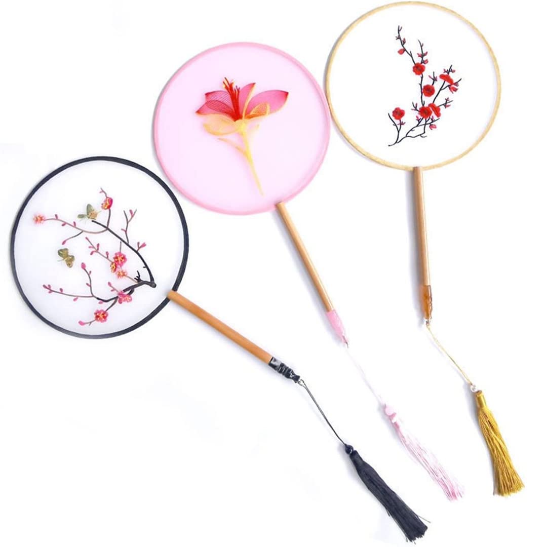 Women Dancing Embroidery Flower Handheld Wooden Handle Fan Vintage Translucent Chinese Style Round Silk Fans with Tassels