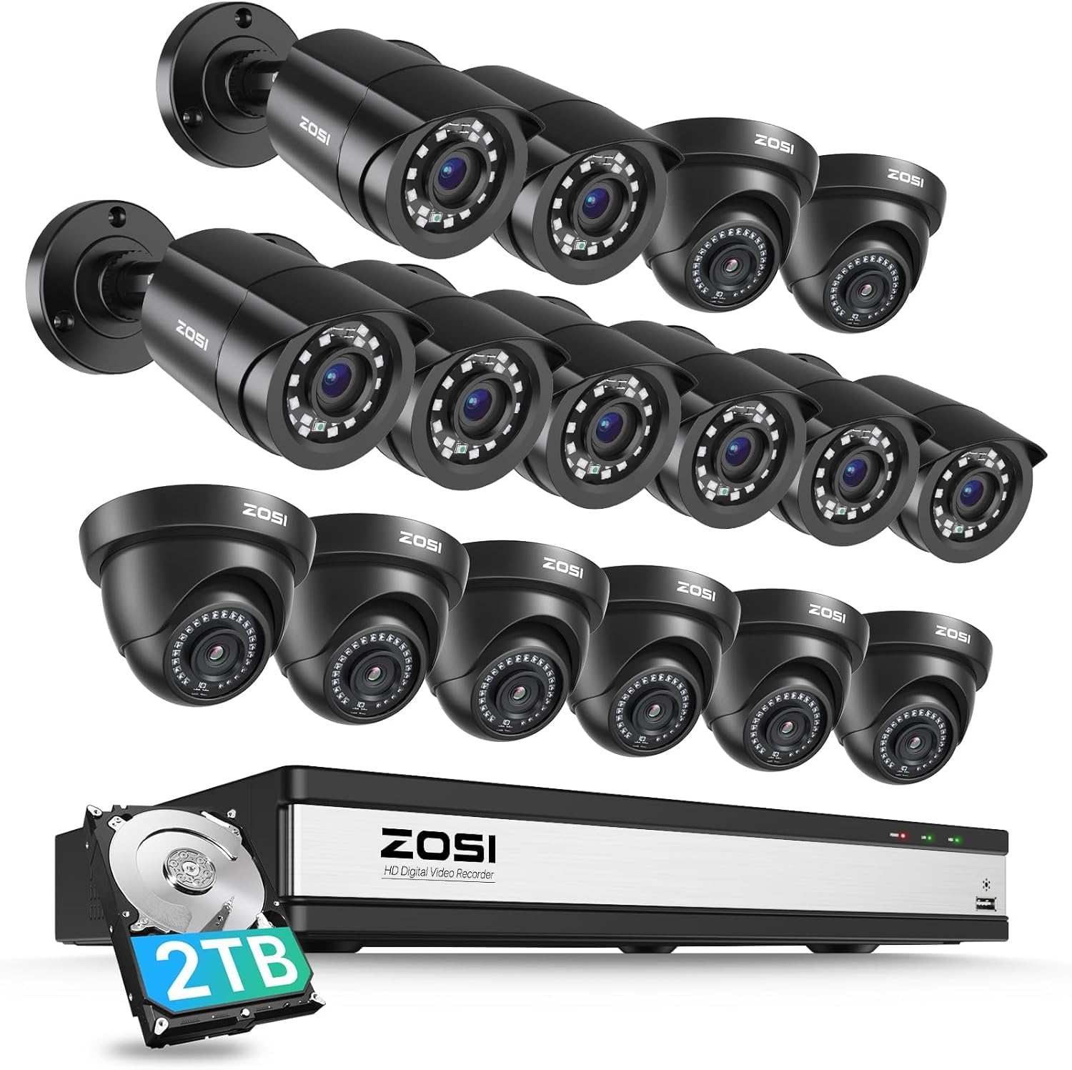 ZOSI 16CH 1080P 16pcs Security Camera System with 2TB Hard Drive,H.265+ 16Channel 1080P HD-TVI DVR, 80ft Night Vision, Motion Detection,Remote Access
