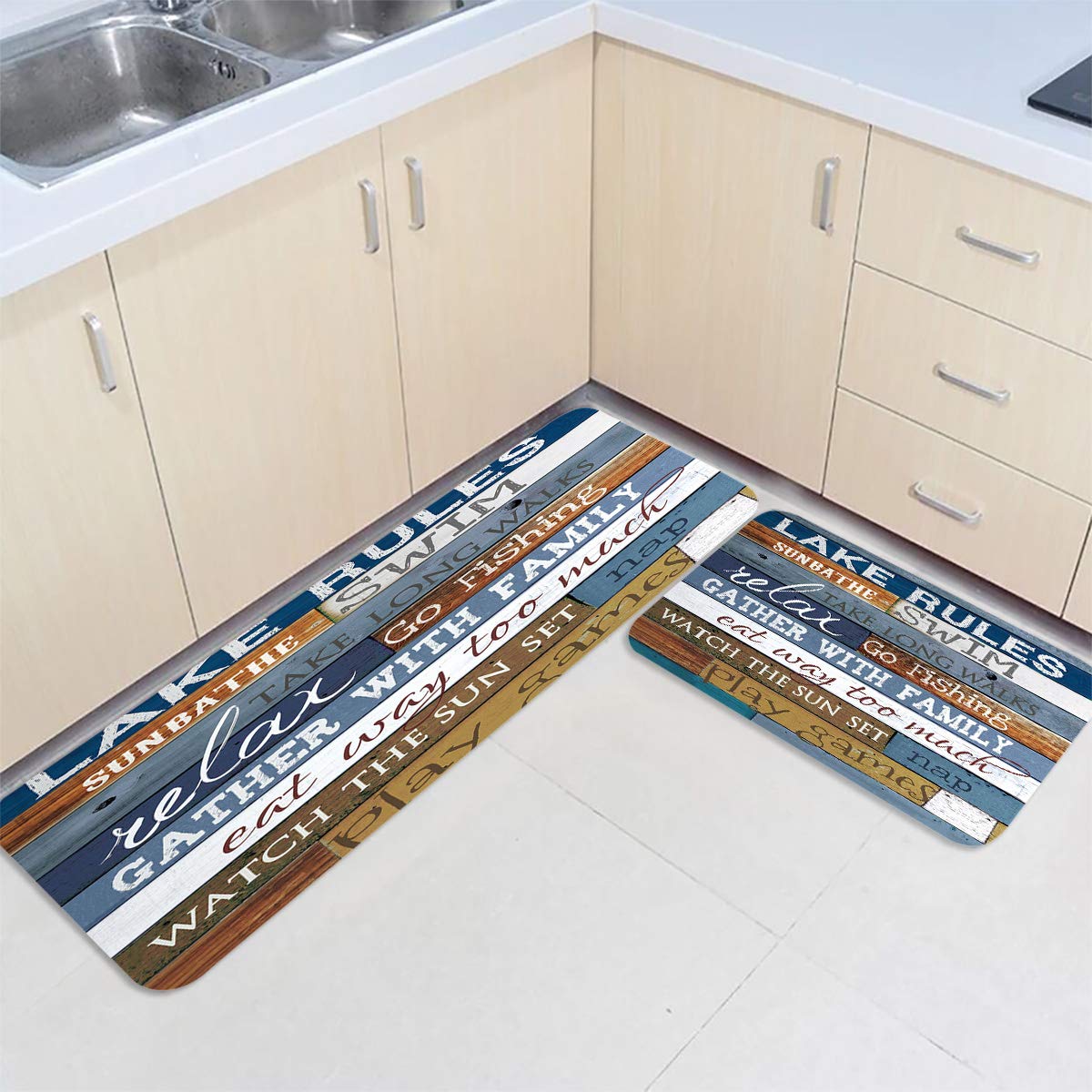 Wood Plank Characters Kitchen Rug Set Kitchen Mats Cushioned Anti Fatigue Vintage Wooden Lake Rules Mats for Standing Waterproof Microfiber Easy to Clean 2 Pieces 23.6x35.4inch+23.6x70.9inch