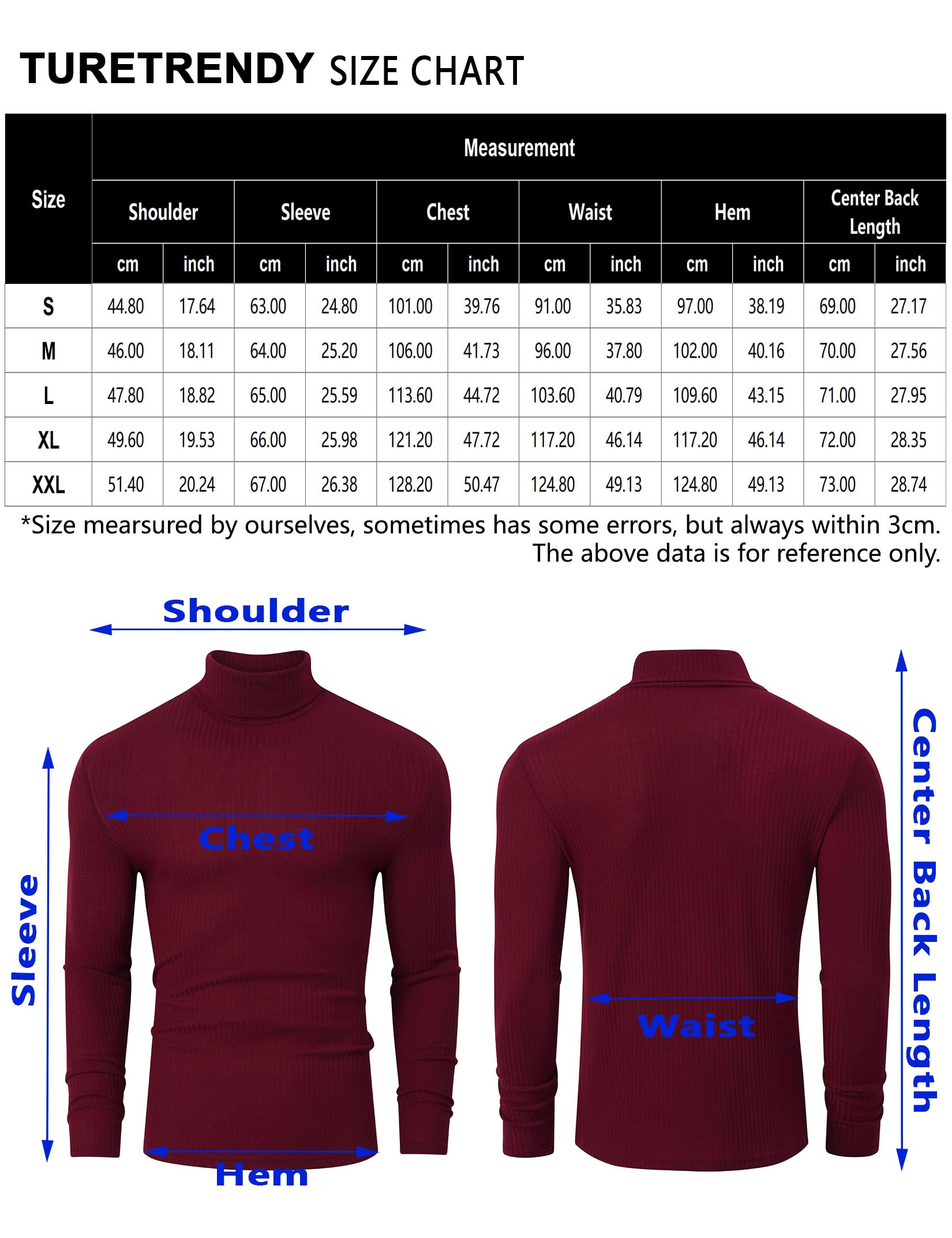 TURETRENDY Men's Stretch Muscle Tshirts Turtleneck Long Sleeve Knit Tees Casual Slim Fit Basic Shirt Tops Red S