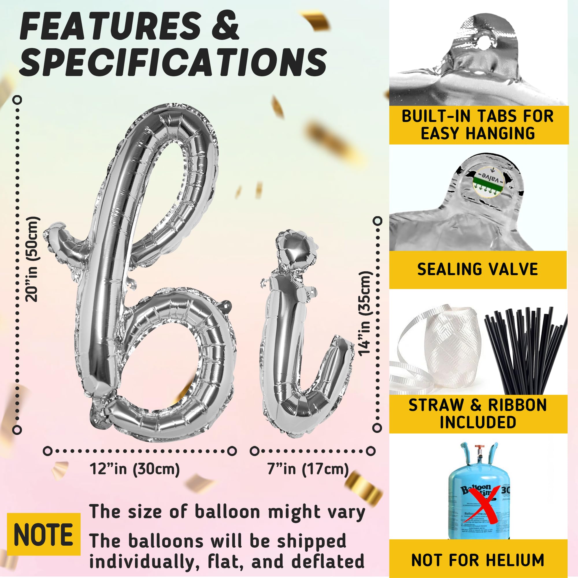 Silver Happy Birthday Balloons Banner | Script / Cursive Gold Letter Balloon Sign For Birthday Party Decor / Decoration | Foil Mylar Happy Birthday Banner (Silver)