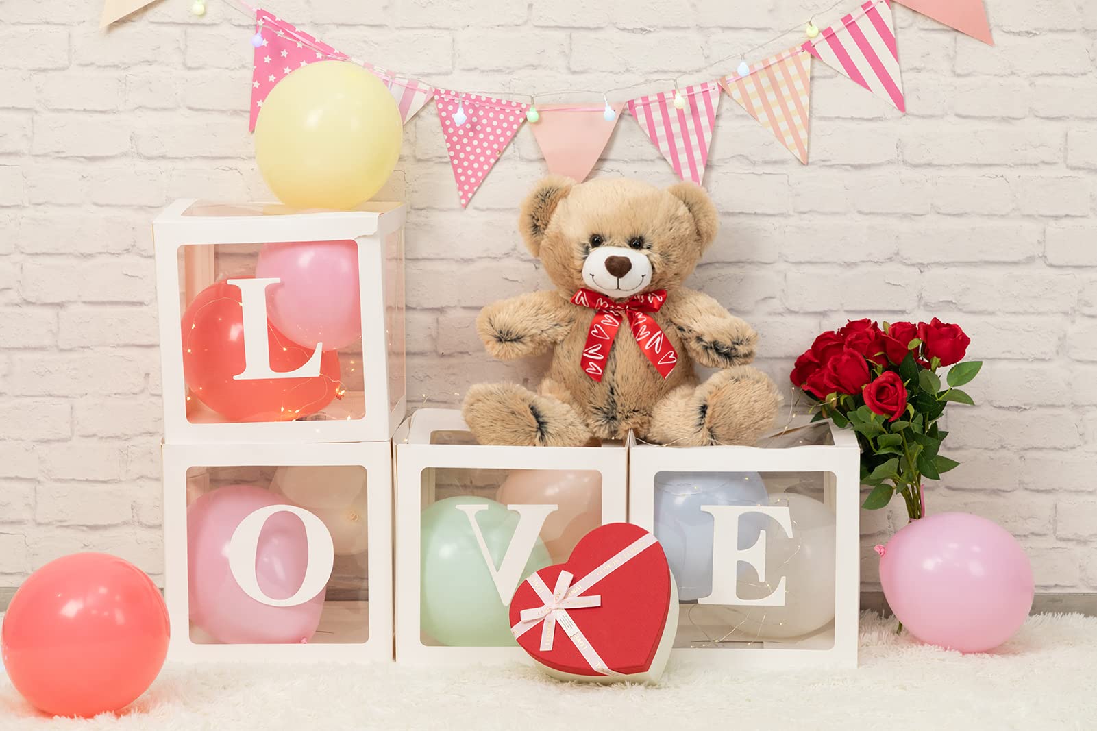 WENMOTDY Teddy Bear Stuffed Animals Plush Bear with Love Pattern Red Bow Soft Plush Toy Valentine's Day Gift 21 Inch Tan