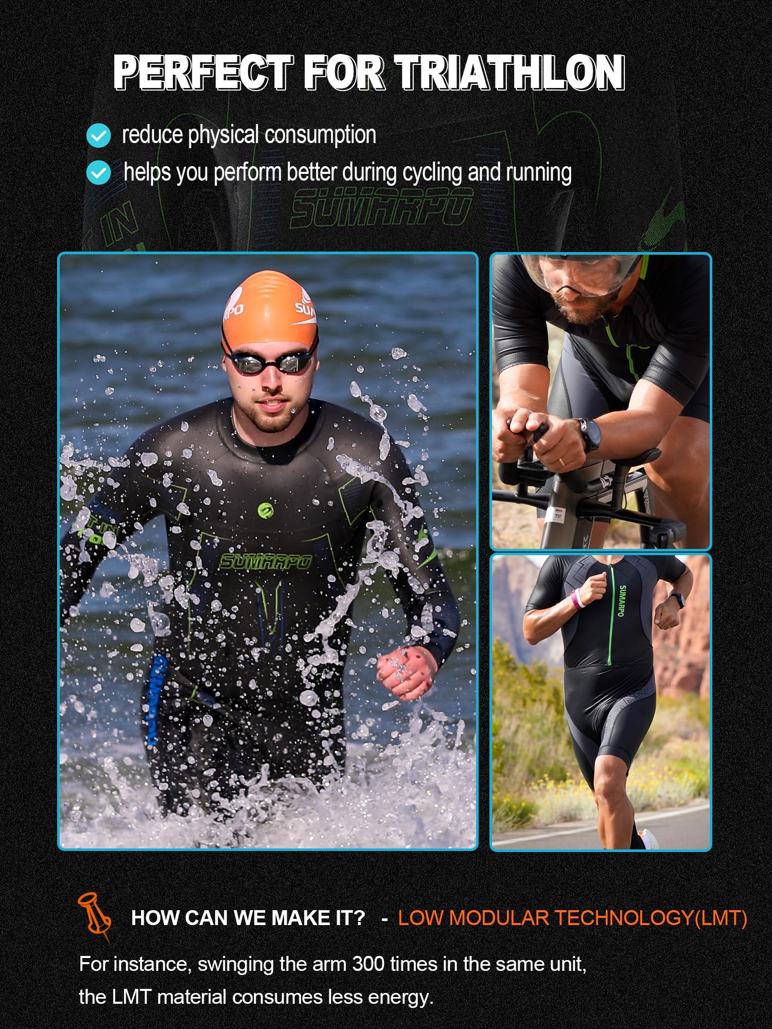 SUMARPO Triathlon Wetsuit Men 3/2mm, ECO-Based Yamamoto SCS Smoothskin Neoprene Skinsuits for Open Water Swimming, Fina & Ironman & USAT Approved
