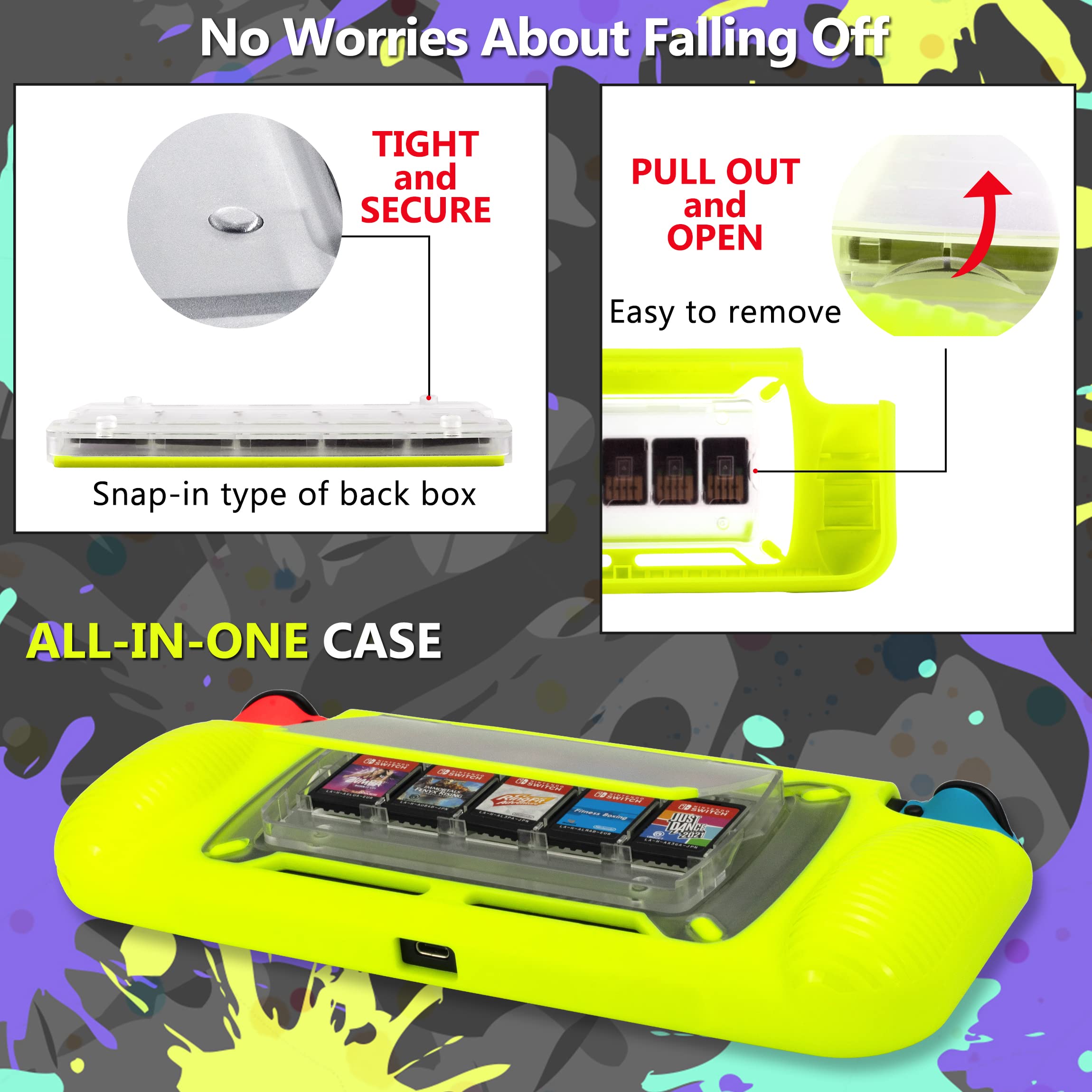 Protective Case for Nintendo Switch, Grip Case with Game Storage, Nintendo Switch with Stand, Nintendo Switch Cover, Neon Yellow