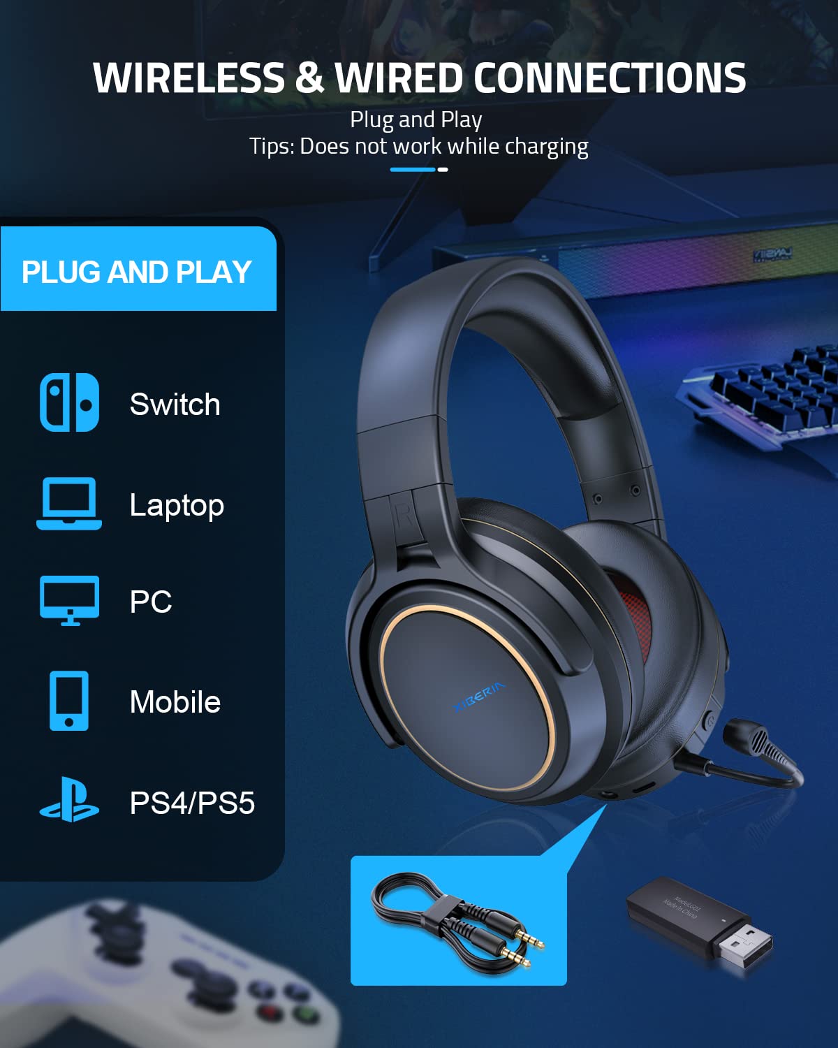 Wireless Gaming Headset - Wireless Headset for Computer,5.8GHz,Over Ear Headphones Noise-canceling mic,3D Surround Sound, 3.5mm Jack Wired Mode for Xbox,Laptop Mac Nintendo NES Games