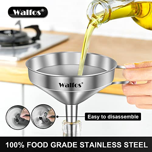 Walfos 3Pcs Kitchen Funnel with 2 Removable Strainer & 1 Cleaning Brush & 1Pc 200 Mesh Food Filter Strainer, Food Grade Stainless Steel Funnel for Transferring of Liquid, Oils, Jam, Dry Ingredients