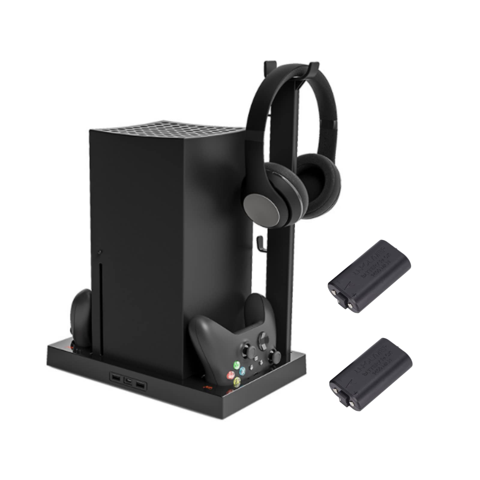 Vertical Cooling Stand for Xbox Series X Console and Controller, Dual Gamepad Charging Dock with 1400mAh Rechargeable Battery & Series X Cooler Cooling Fan